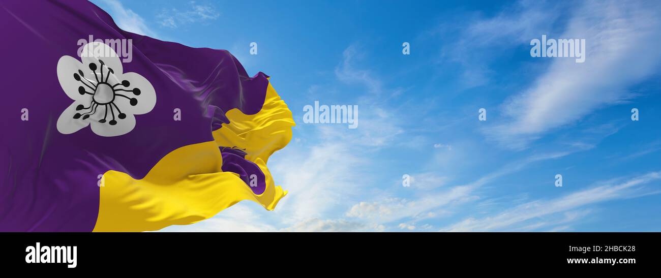flag of Flore village at cloudy sky background on sunset. panoramic ...