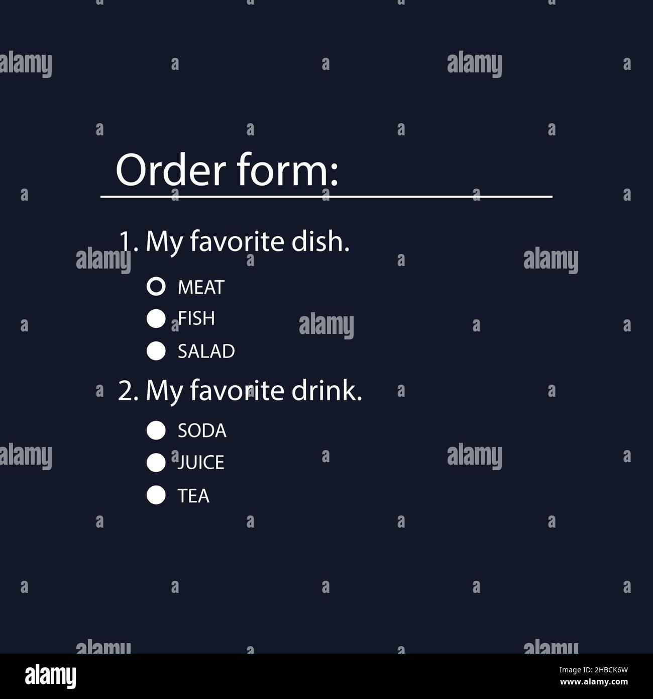 Online order form. Radio list is an HTML element of the website ...