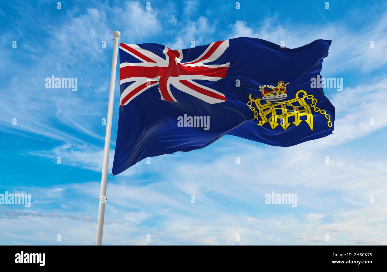 flag of HM Customs Ensign at cloudy sky background on sunset. panoramic ...