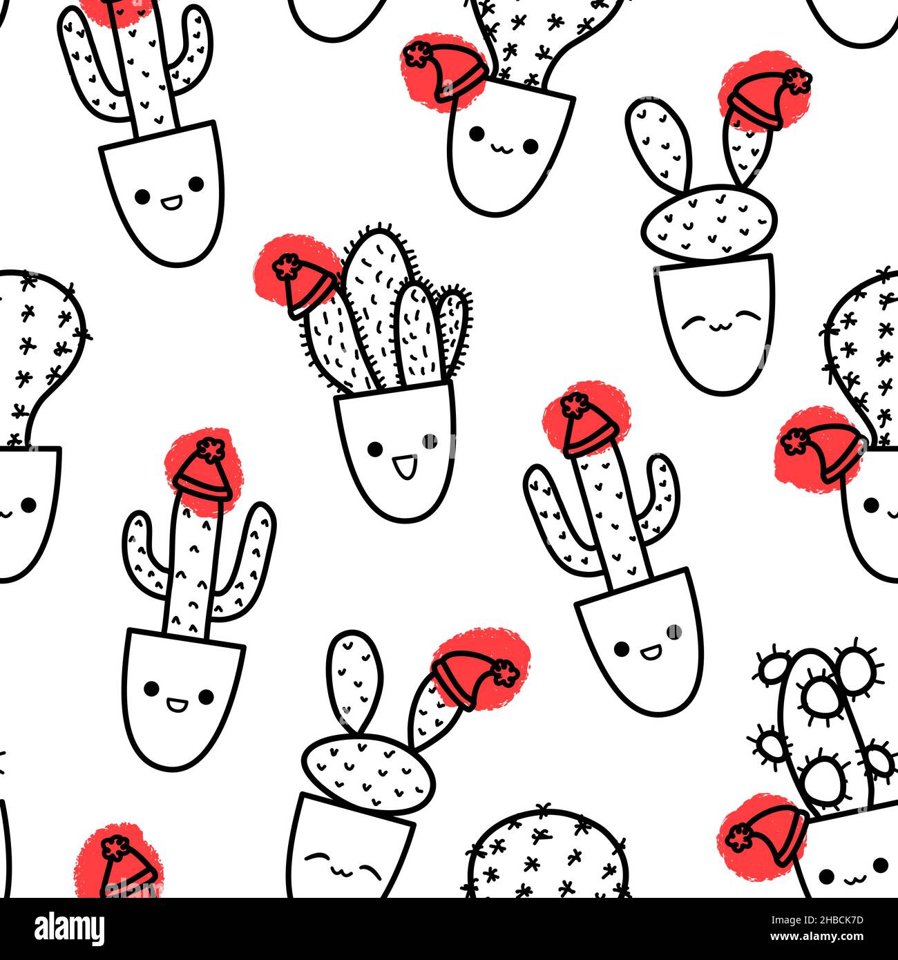 Cute Christmas cactus doodle seamless pattern in sketch style. Festive ...