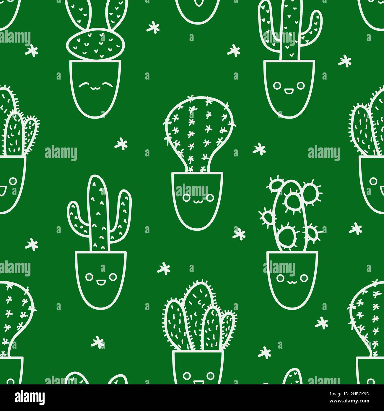 Cute cactus doodle pattern in outline style. Vector cacti characters variety with kawaii ...