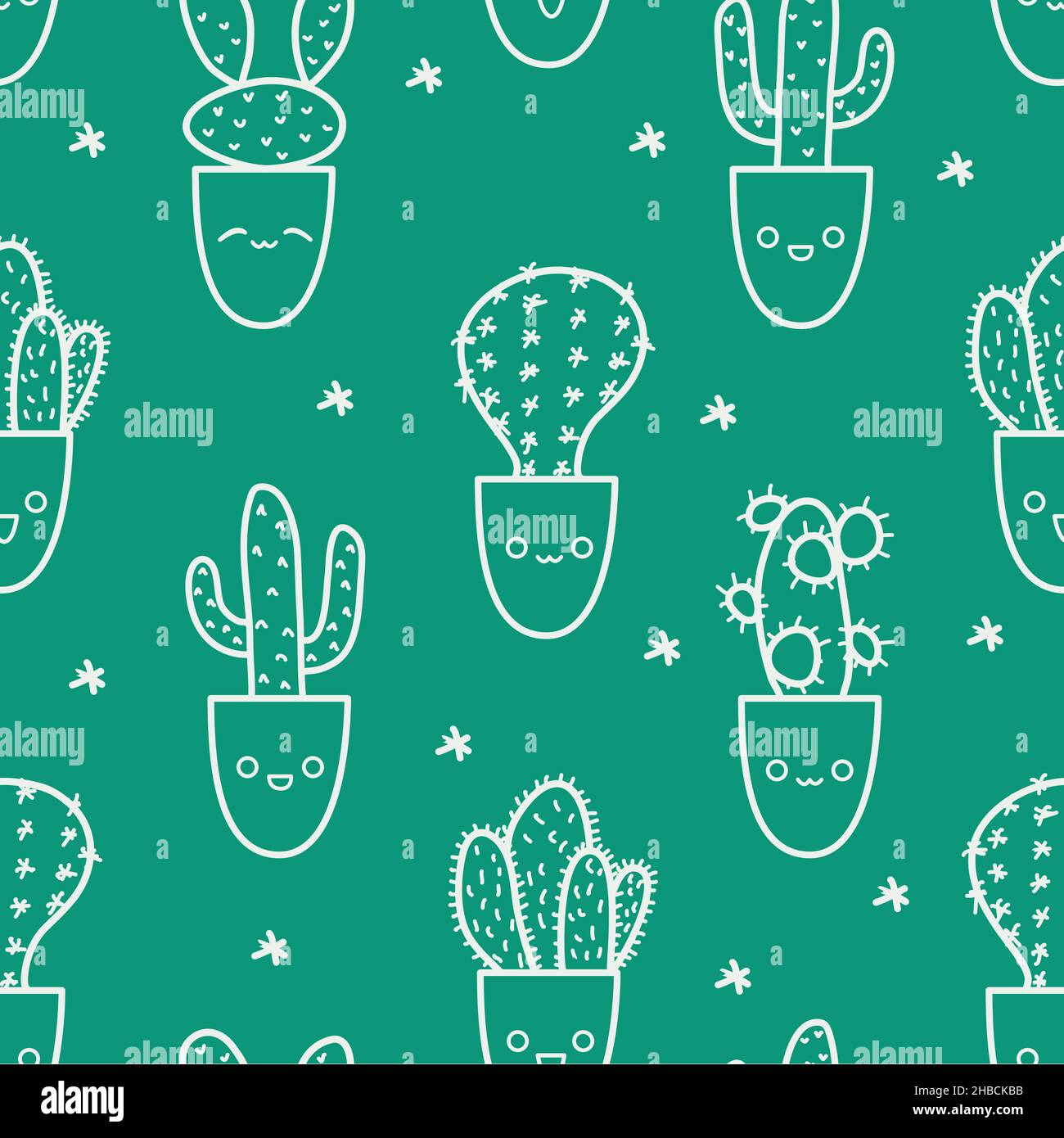 Cute cactus doodle pattern in outline style. Vector cacti characters ...
