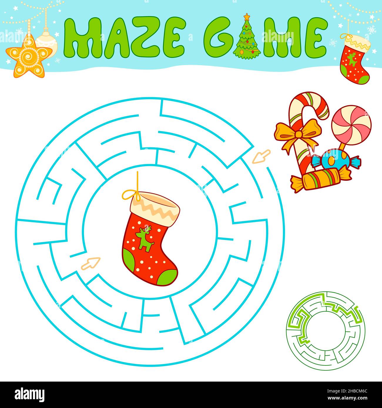 Christmas maze puzzle game for children. Circle maze or labyrinth game ...