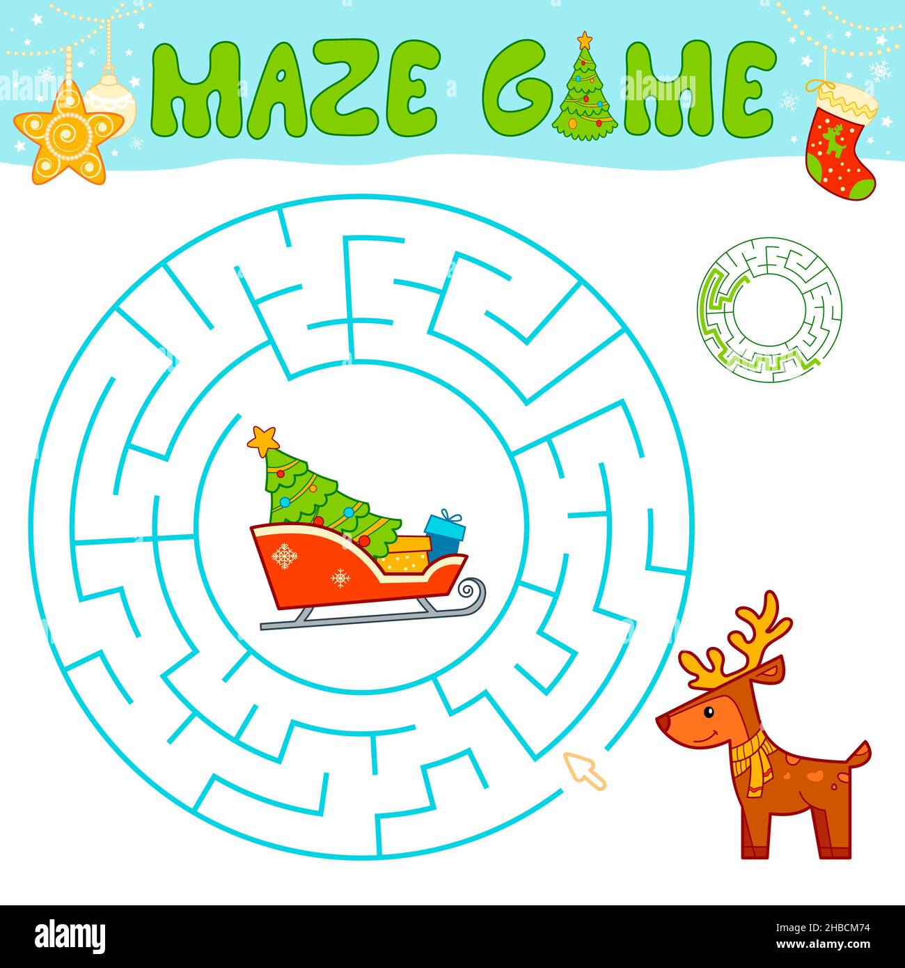 Christmas maze puzzle game for children. Circle maze or labyrinth game ...