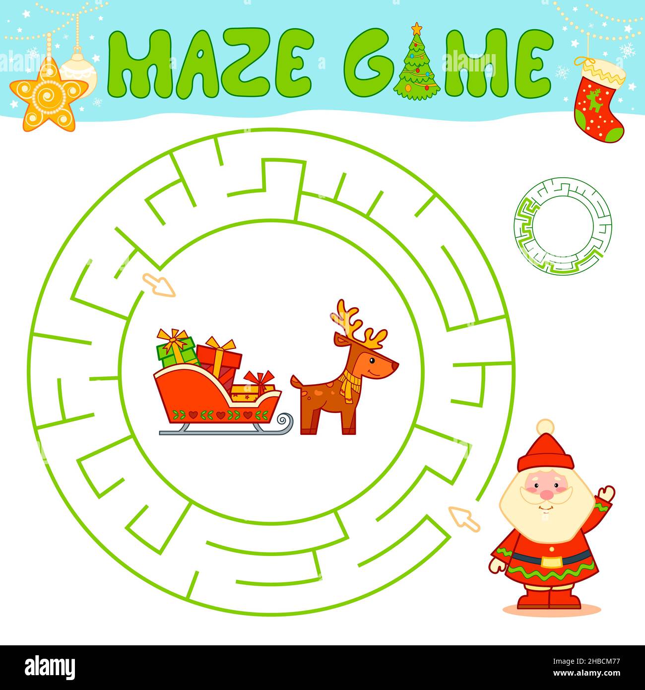 Christmas maze puzzle game for children. Circle maze or labyrinth game ...