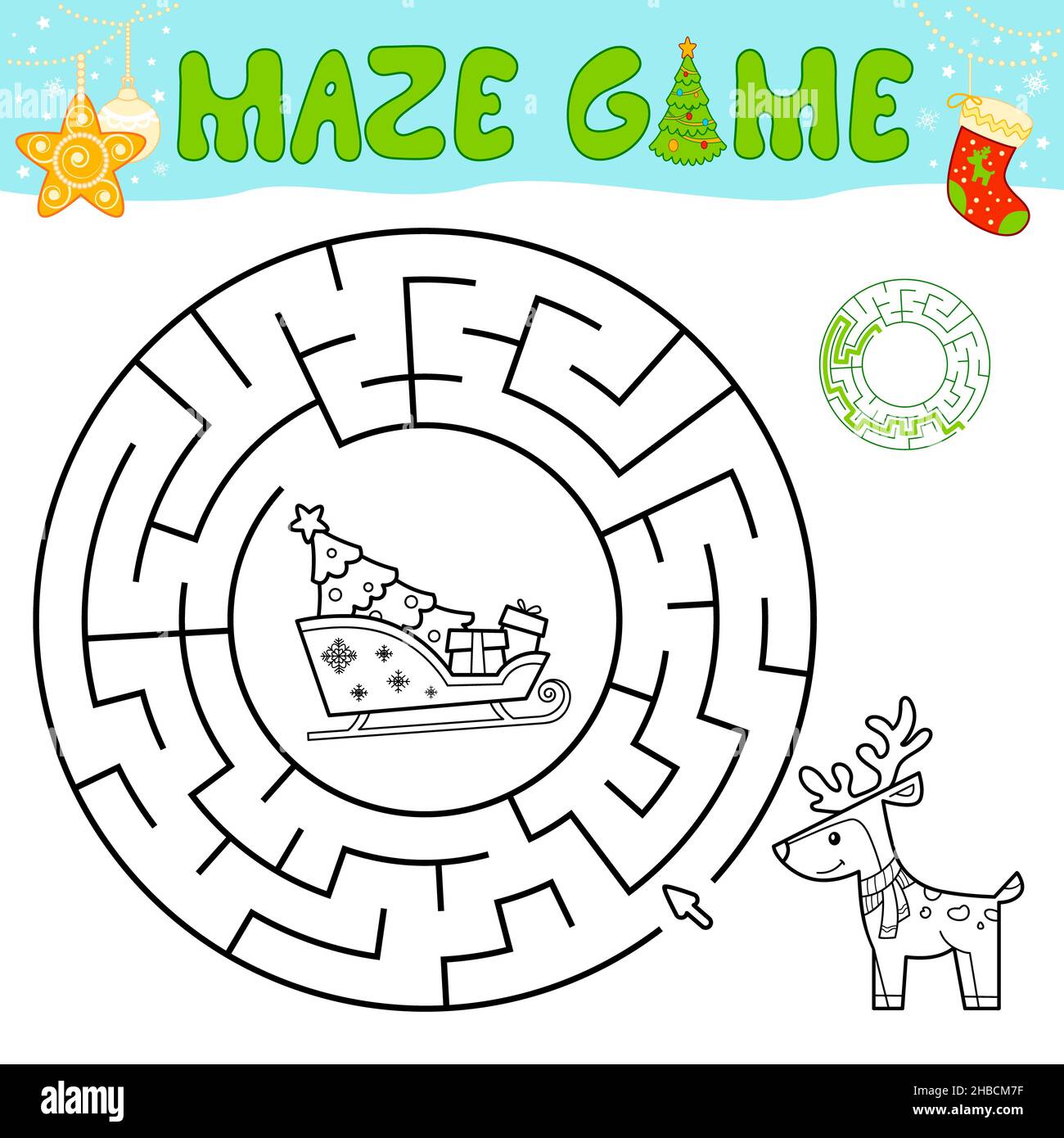 Christmas black and white maze puzzle game for children. Outline circle ...