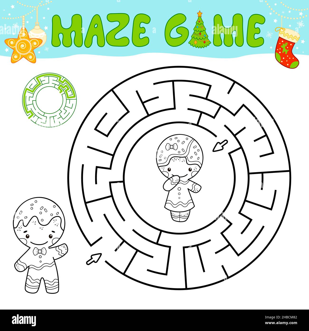 Christmas black and white maze puzzle game for children. Outline circle ...