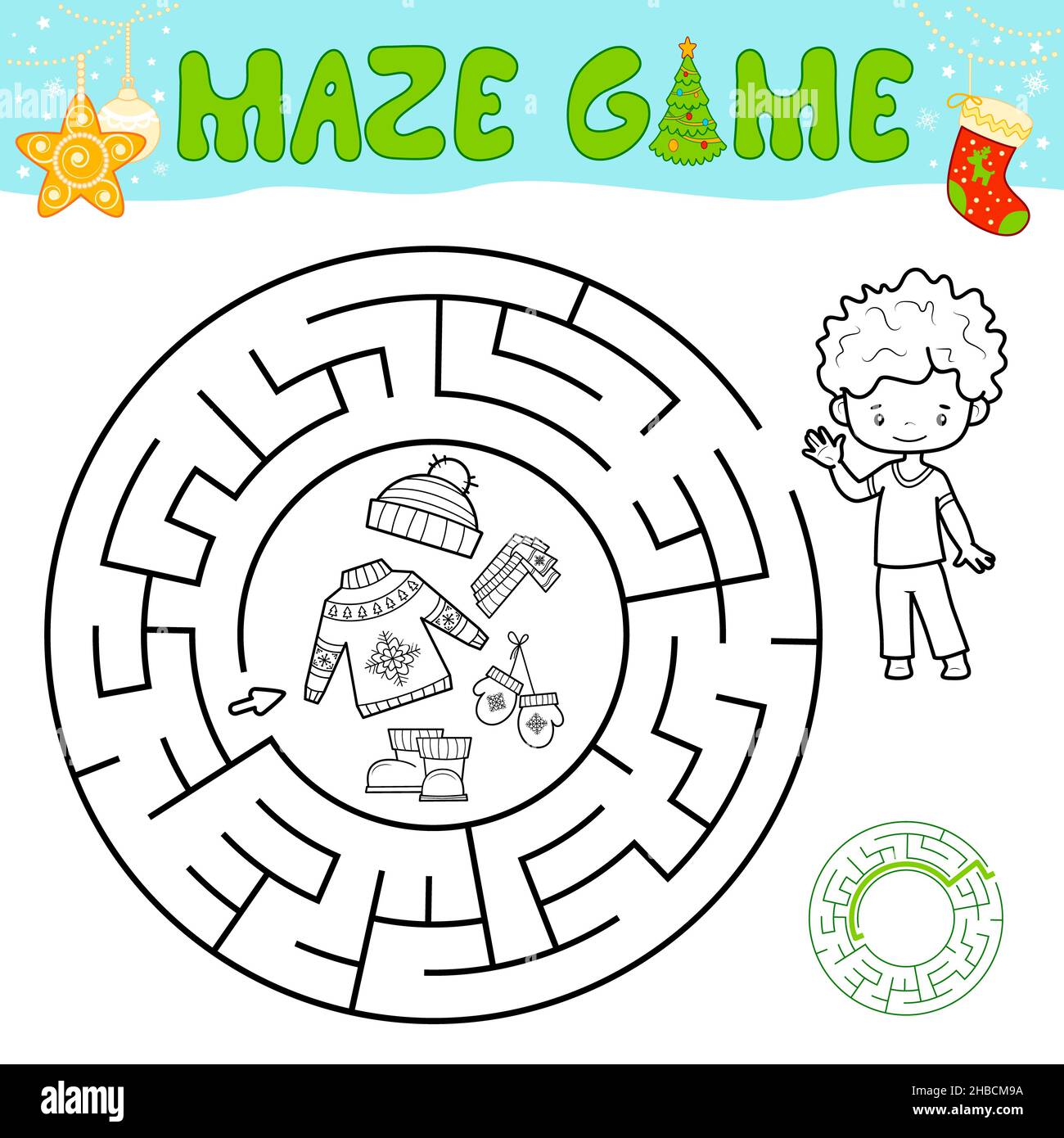 Christmas black and white maze puzzle game for children. Outline circle ...