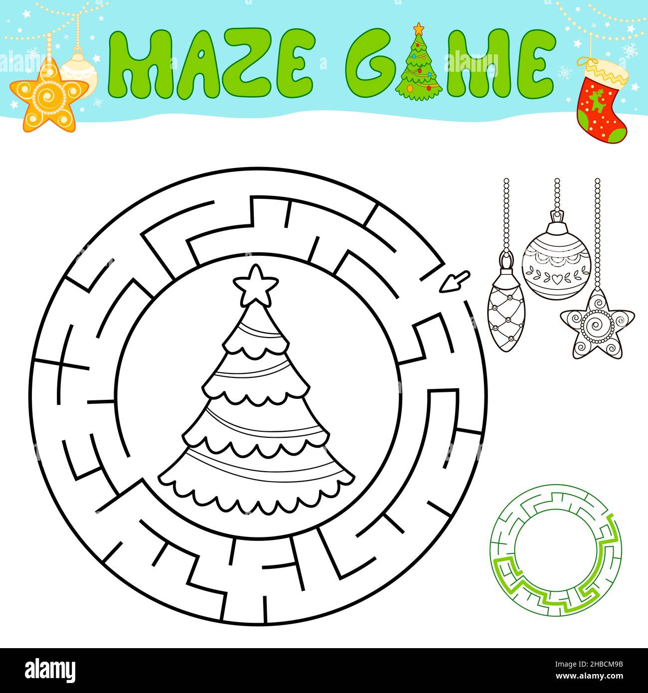 Christmas black and white maze puzzle game for children. Outline circle ...