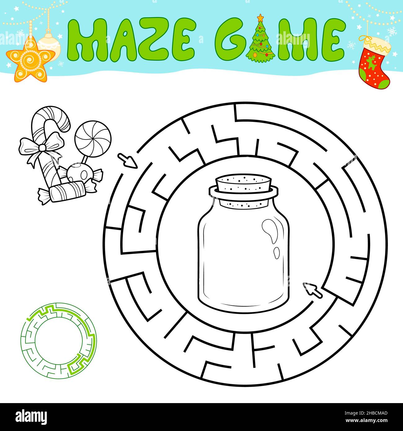 Christmas black and white maze puzzle game for children. Outline circle ...