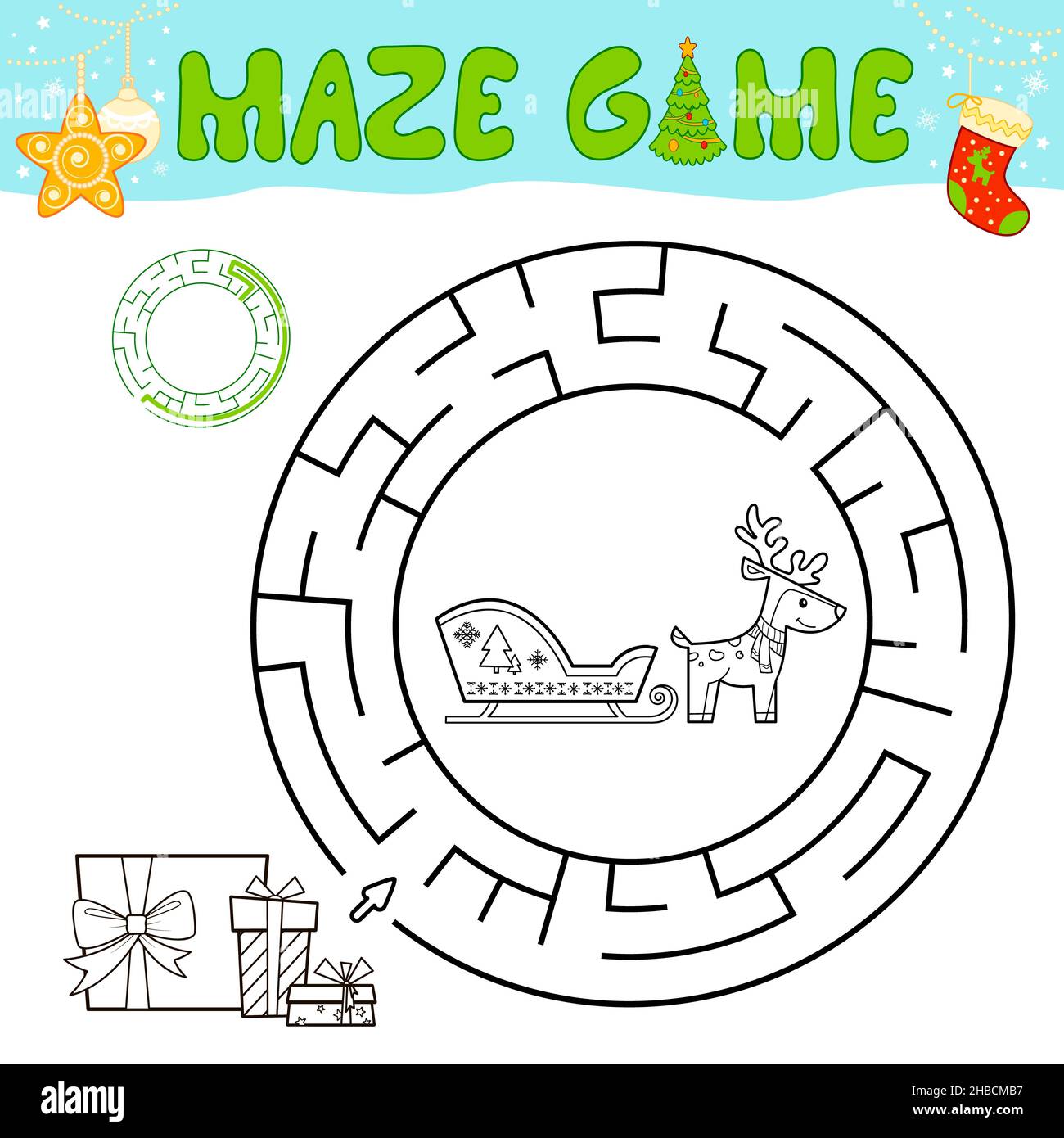 Christmas black and white maze puzzle game for children. Outline circle ...