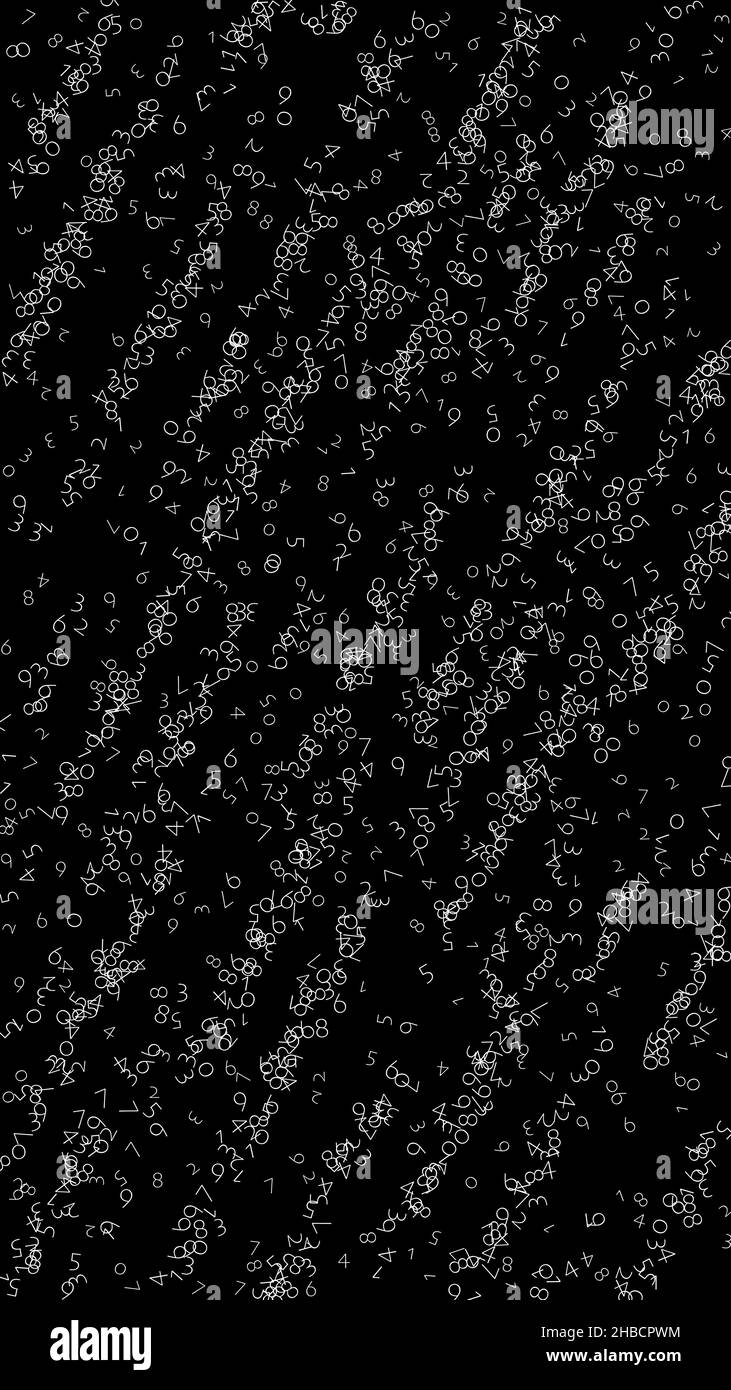 Falling numbers, big data concept. Binary white chaotic flying digits. Magnetic futuristic ...