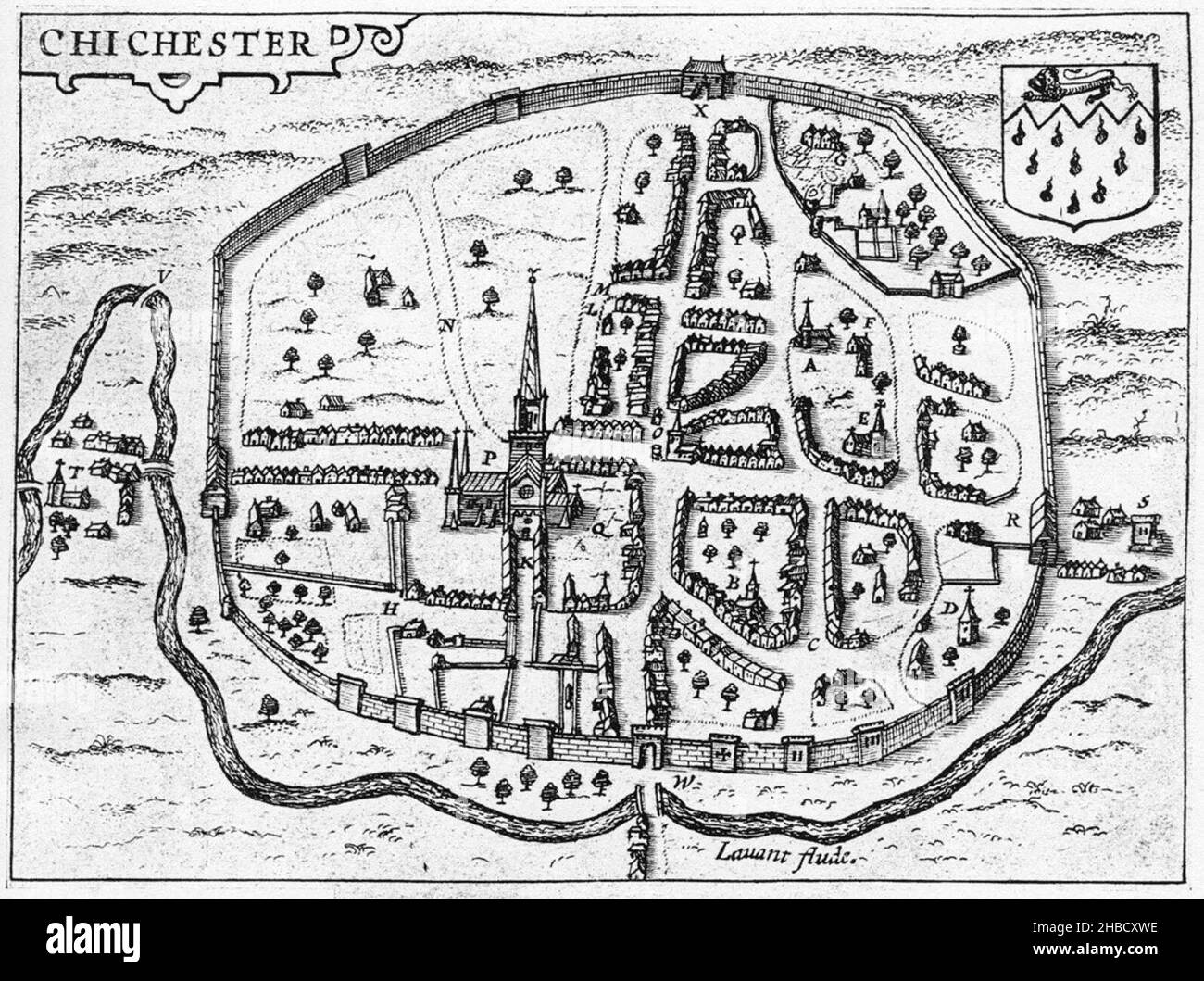 Engraved map of Chichester in 1610 by John Speed Stock Photo - Alamy