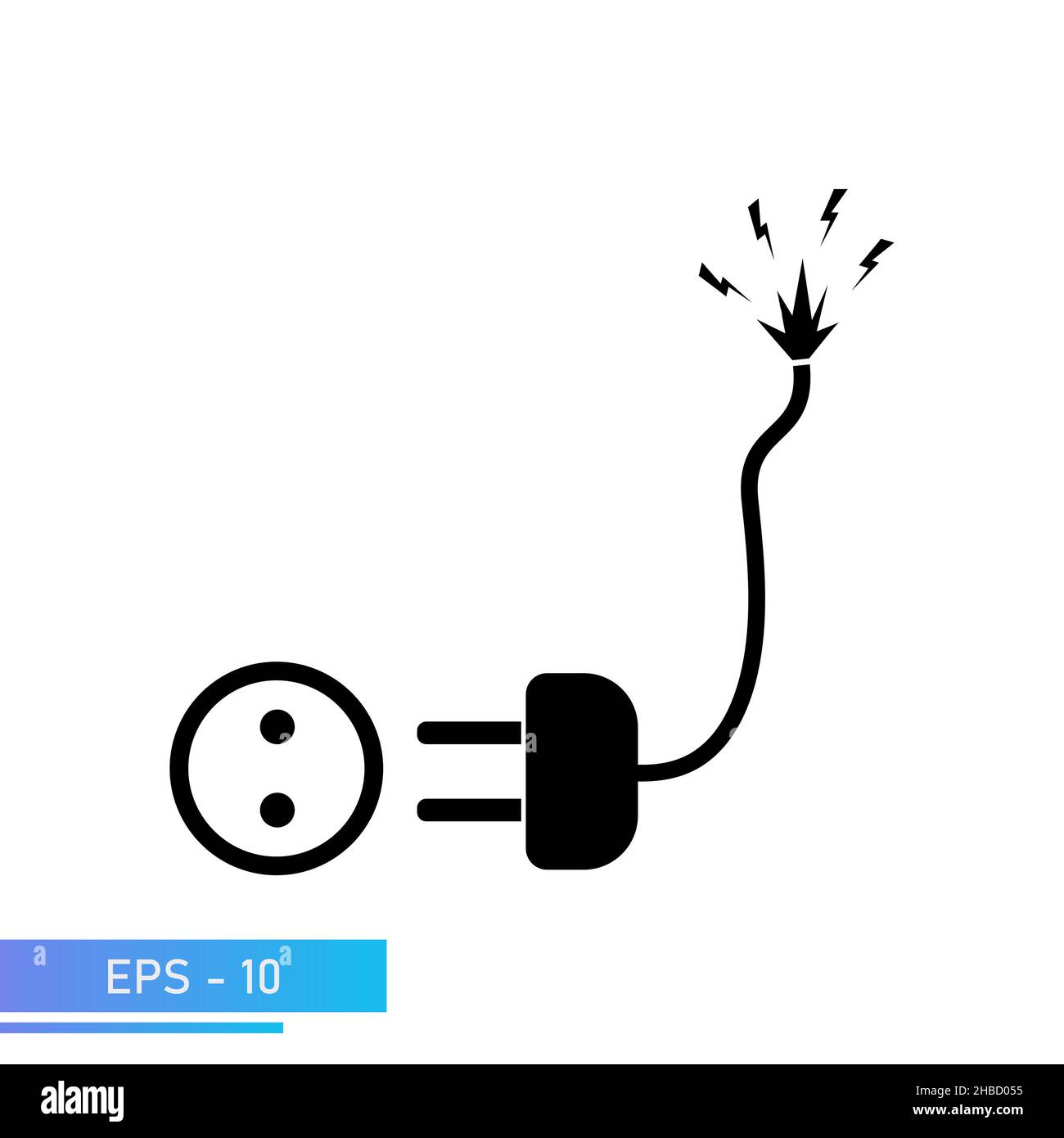 A plug for an outlet and a socket with a damaged sparking wire. Caution ...
