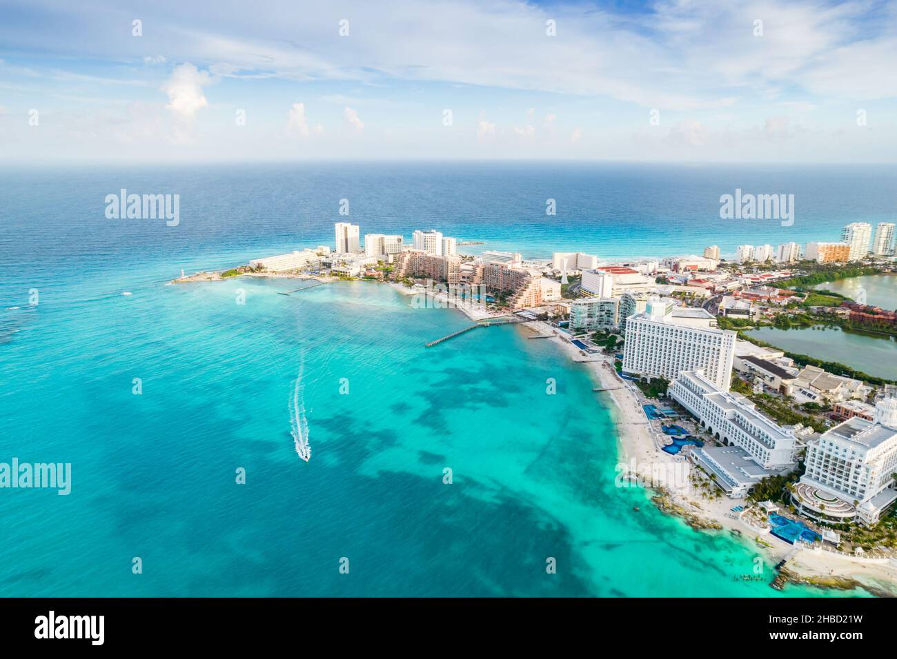Aerial panoramic view of Cancun beach and city hotel zone in Mexico ...