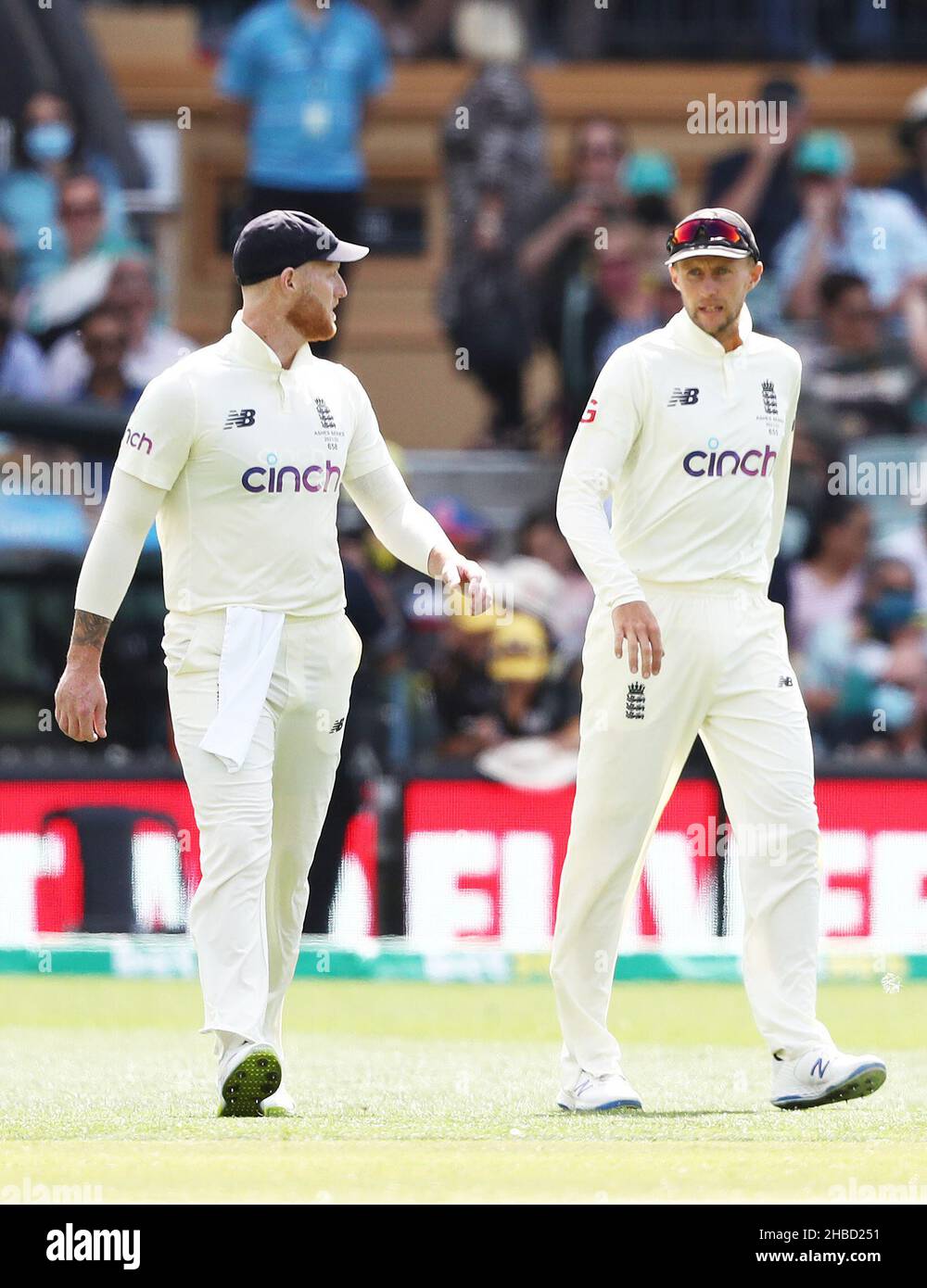 England's Joe Root and Ben Stokes during day four of the second Ashes ...
