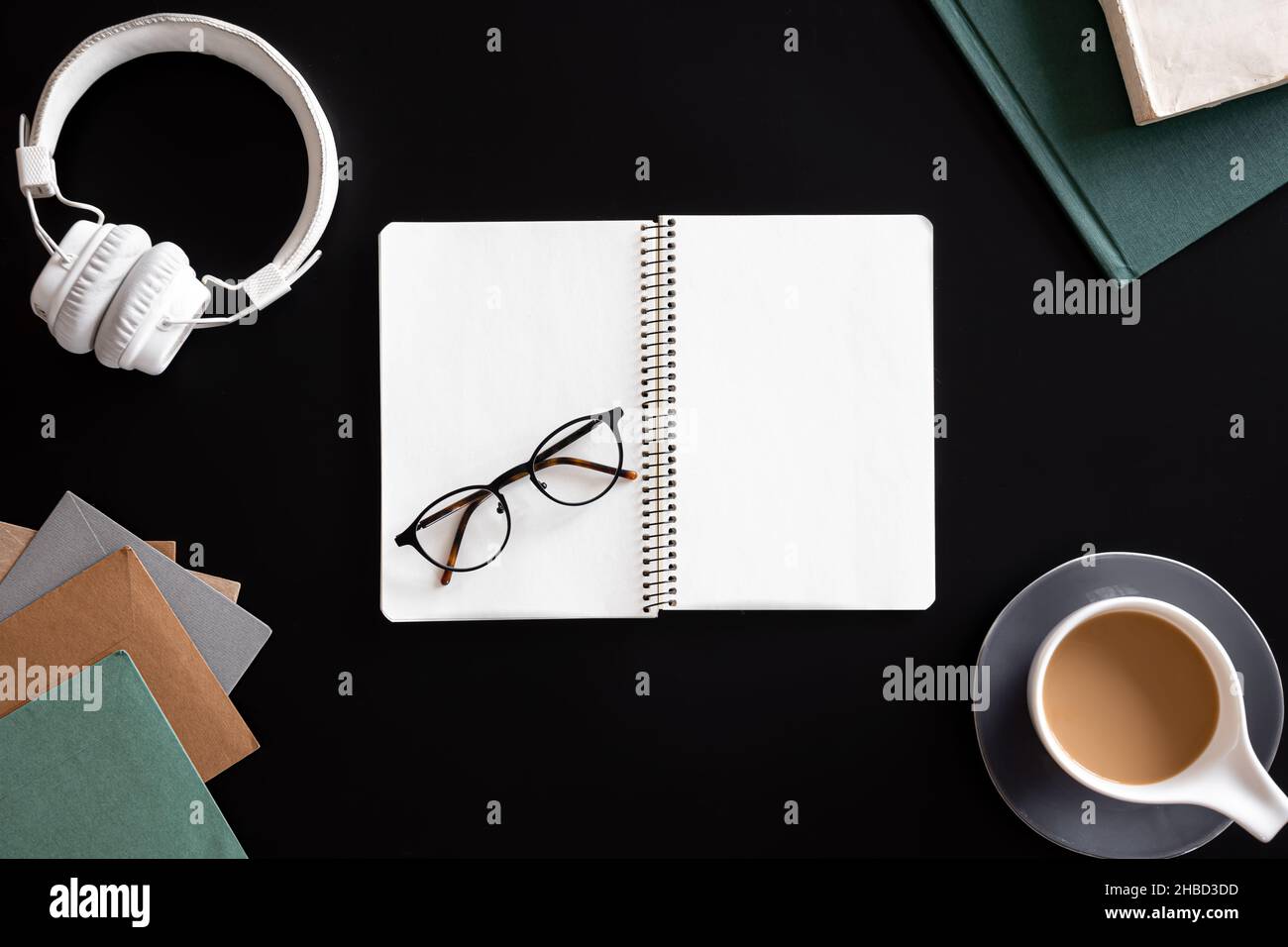 Open blank notebook on black background, flat lay Stock Photo - Alamy