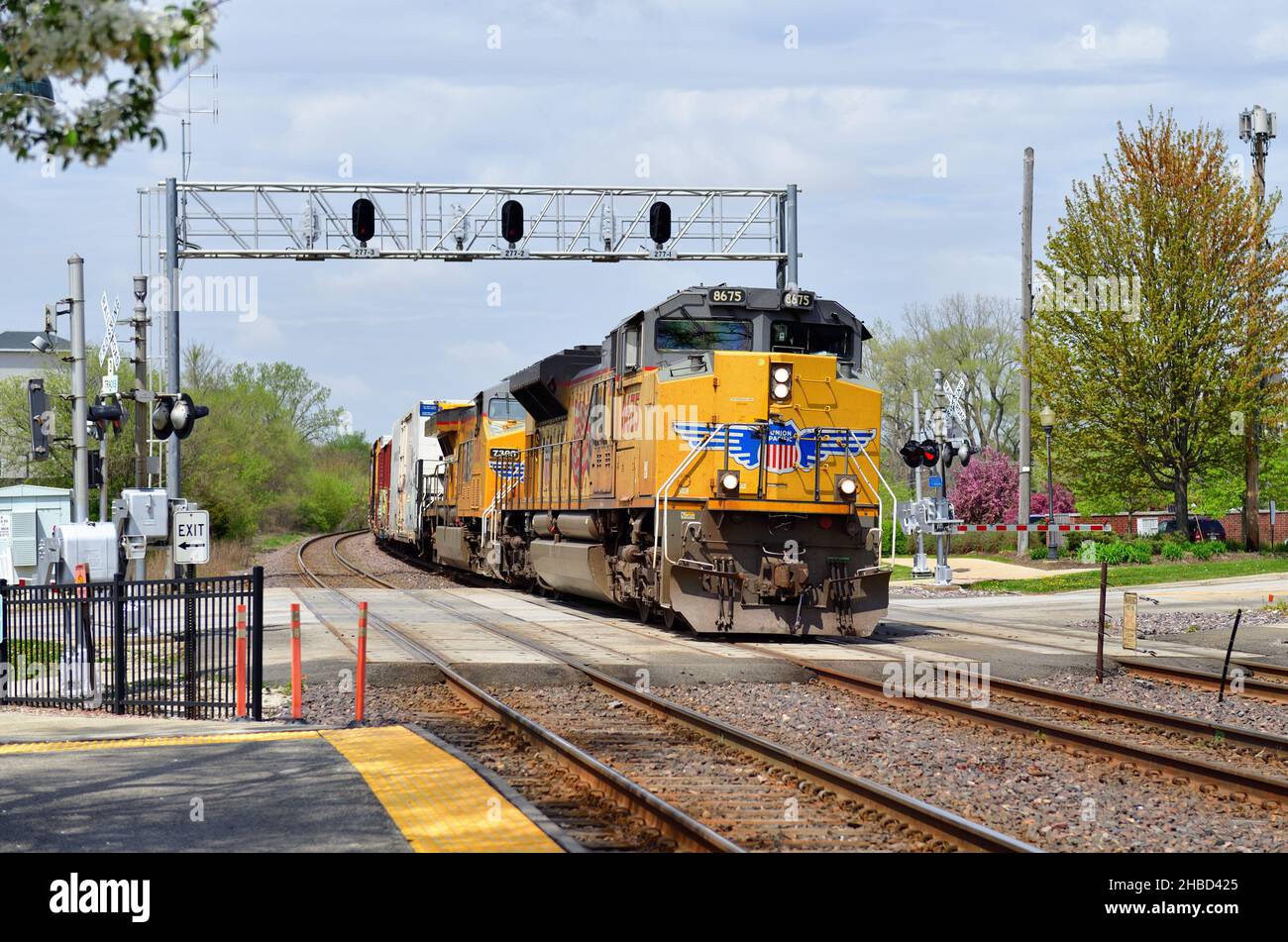 Winfield, Illinois, USA. Two locomotives lead a Union Pacific freight ...