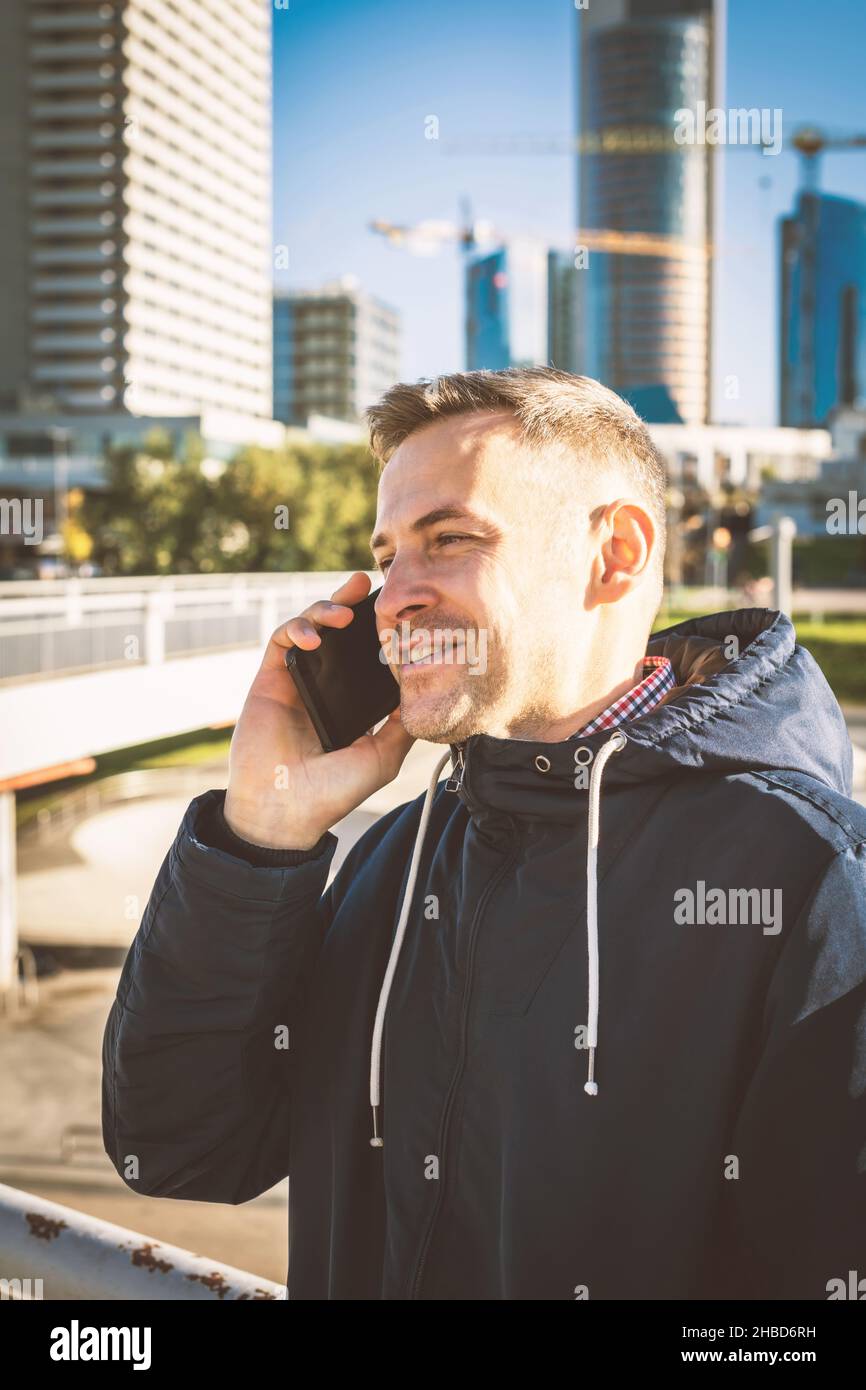 Business, lifestyle, leisure concept. Happy man with smile in his face ...