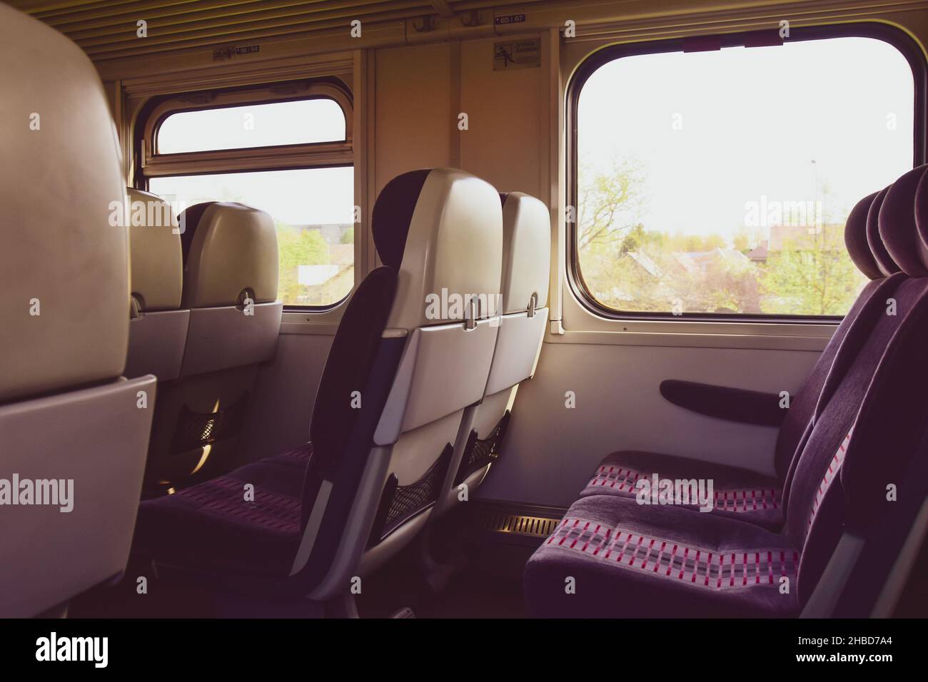 Empty seats in train wagon indoor. Interior lithuanian countryside ...