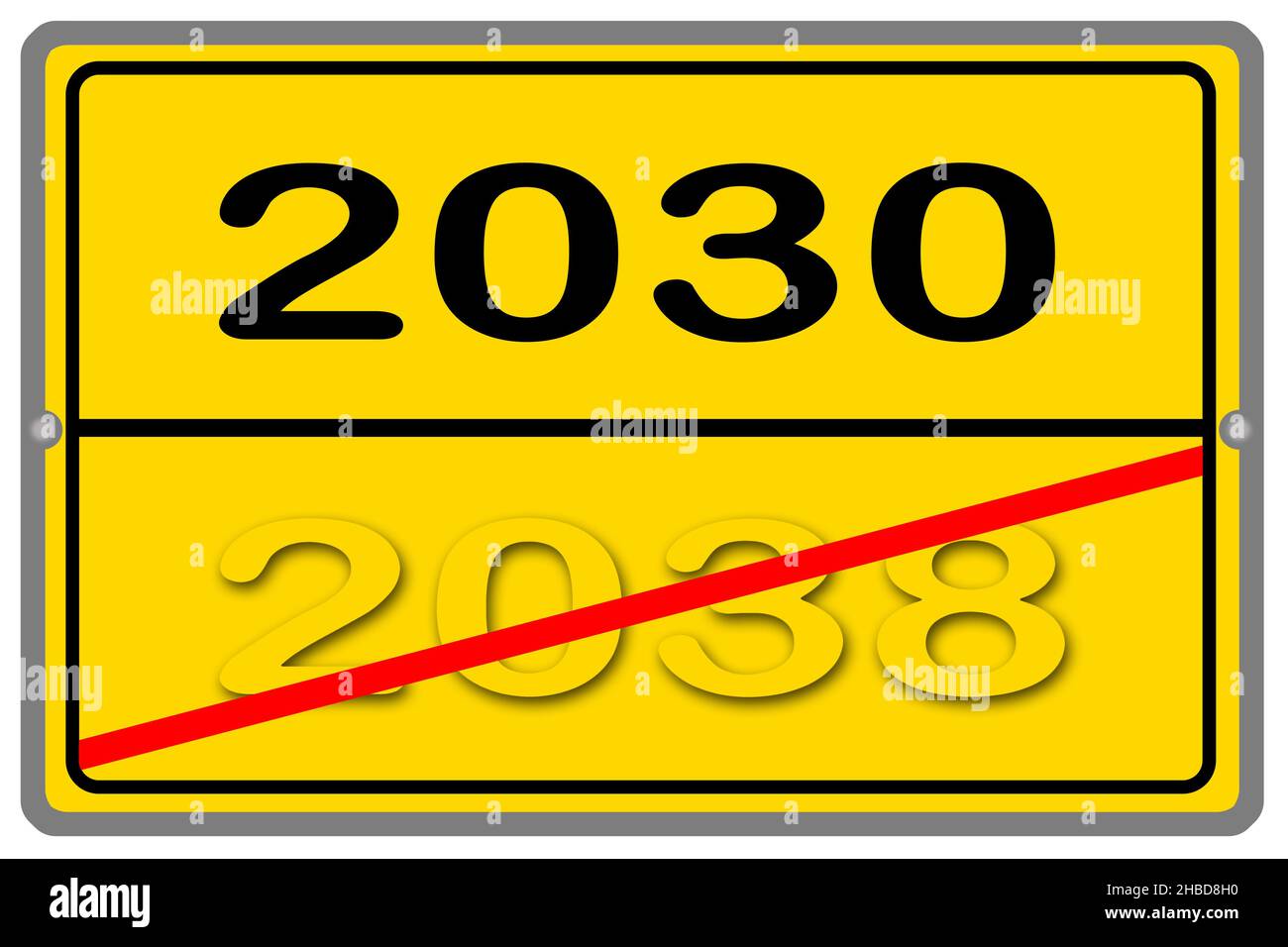 Year dates 2030 and 2038 on yellow sign isolated against white ...