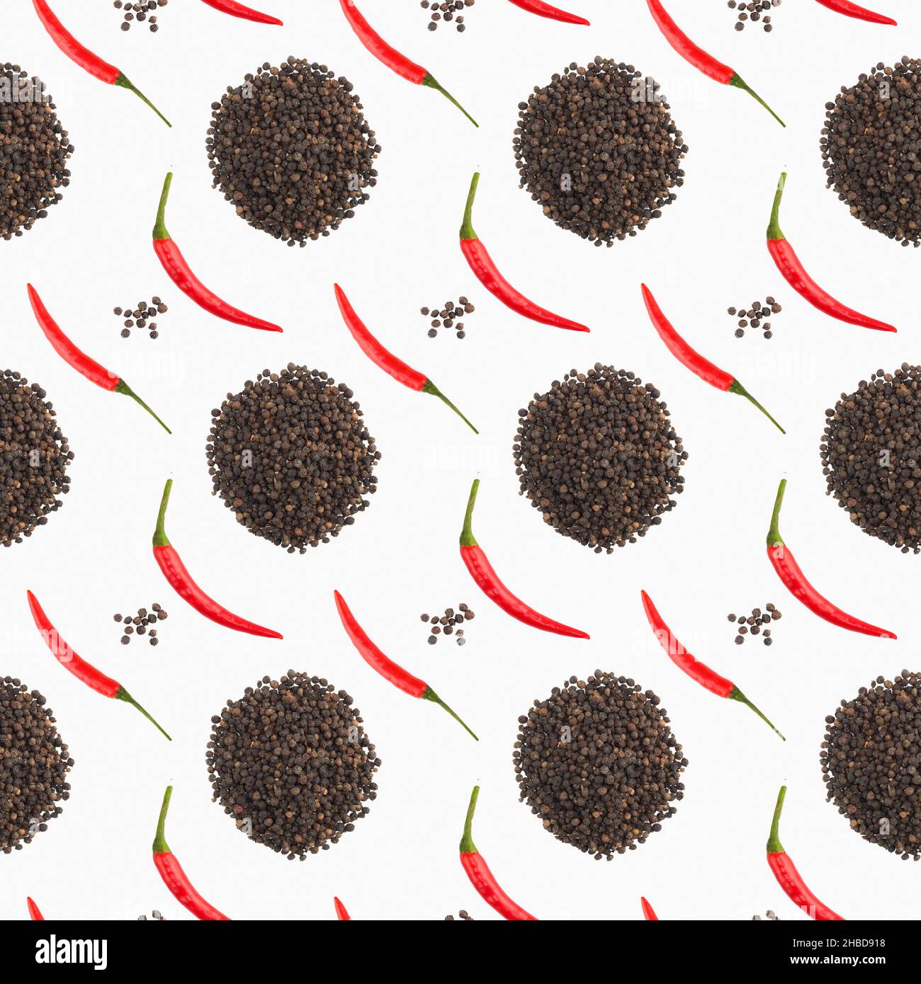 Seamless spice pattern with red chili pepper pods, heaps of black ...