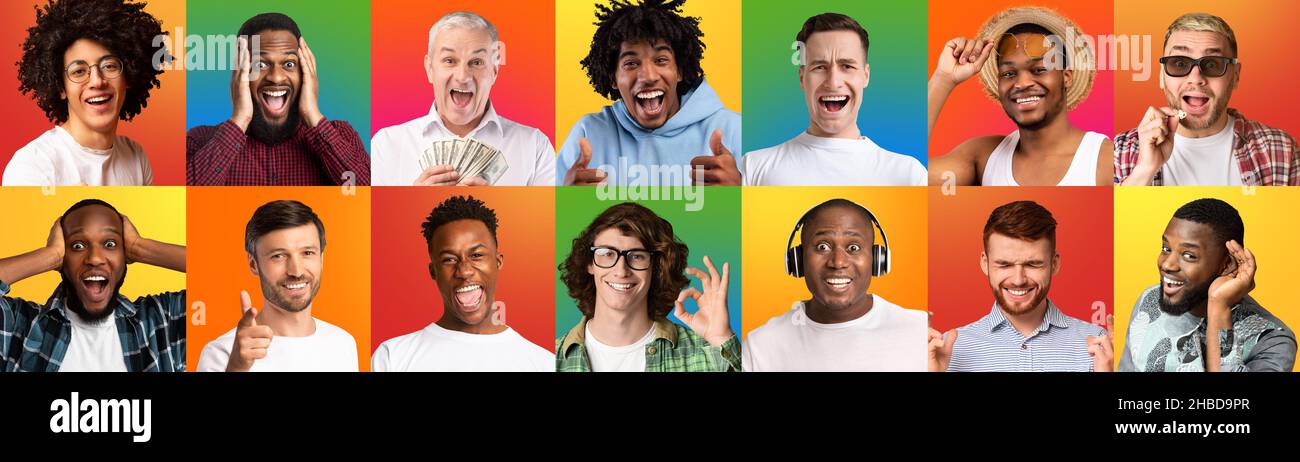 Multiracial men gesturing and grimacing on colorful backgrounds ...