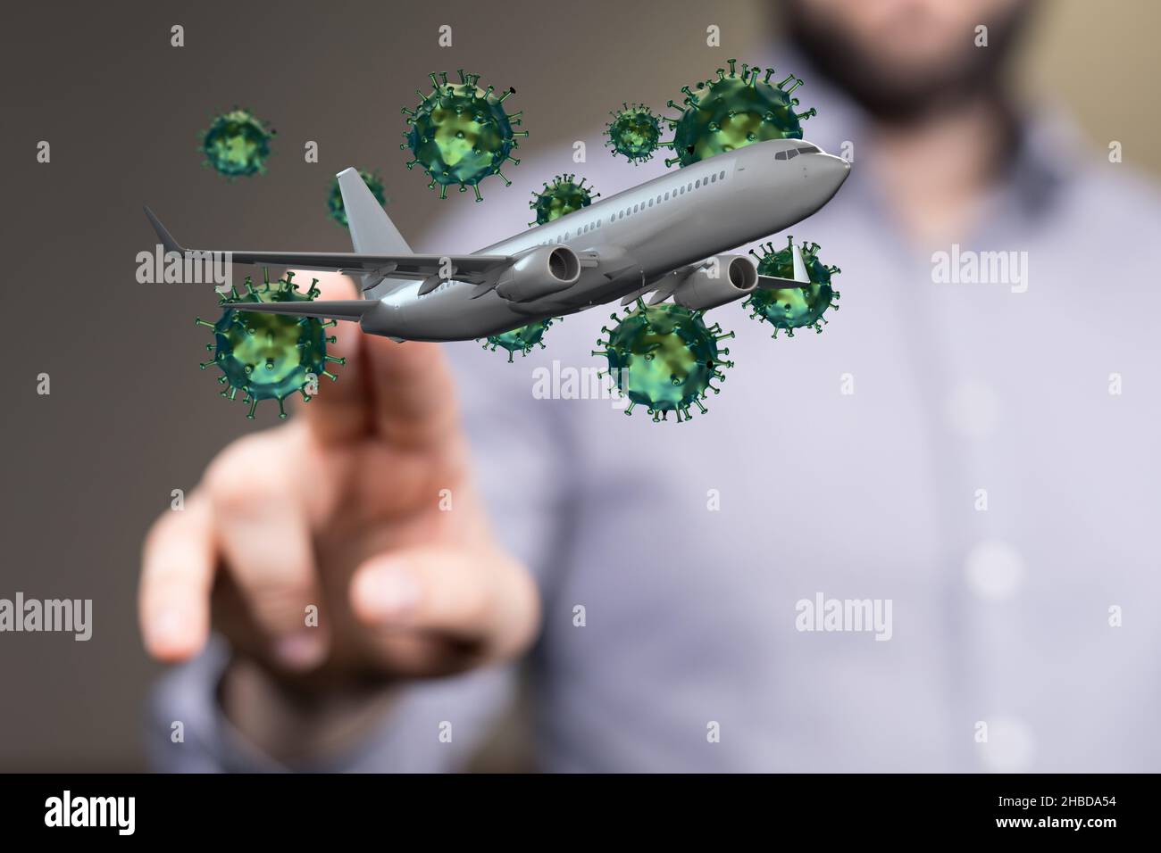 A 3D rendering of an airplane and viruses on the man background Stock ...