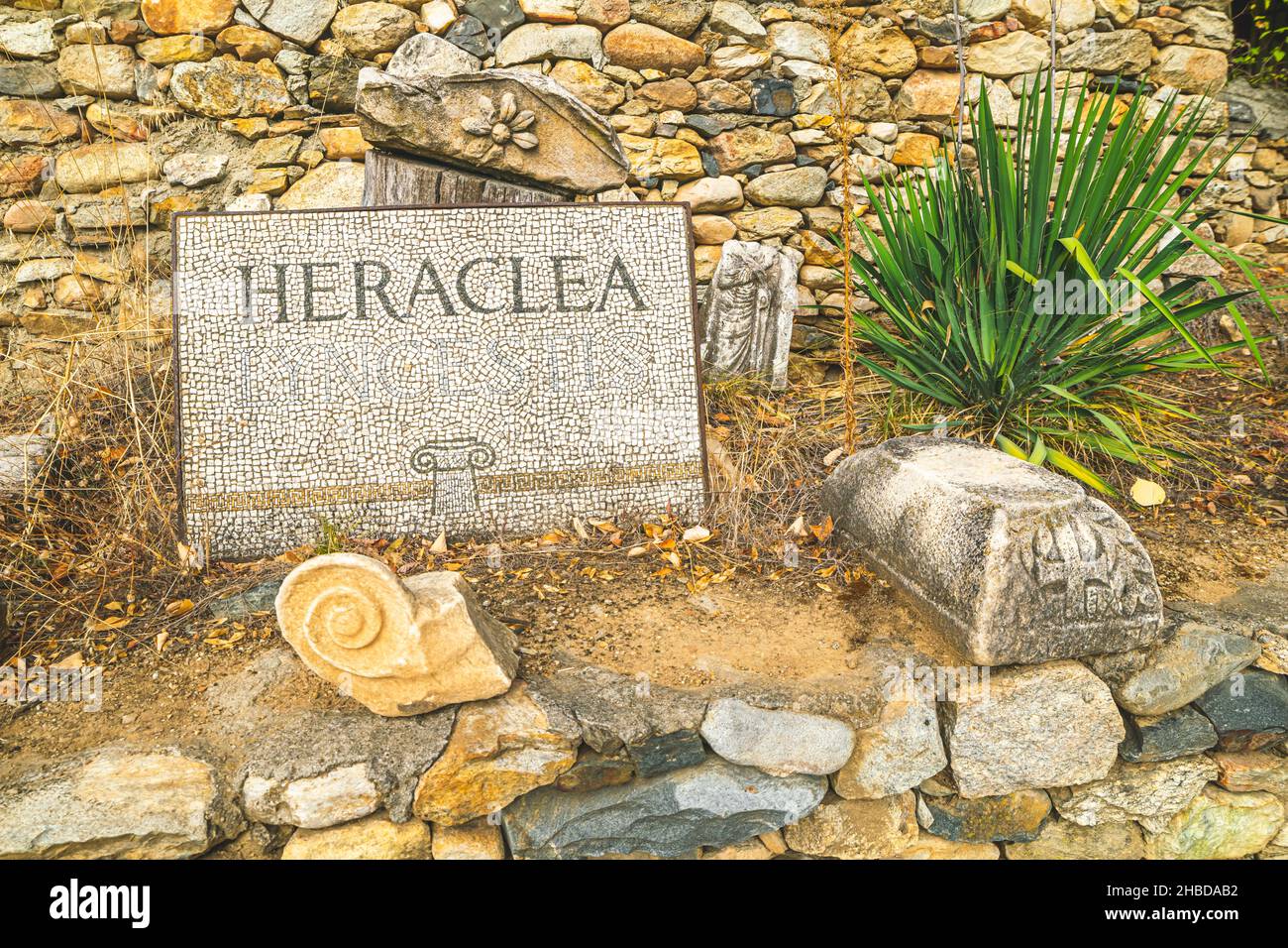 Heraclea sign mosaic and artifacts of greek archeological site in ...
