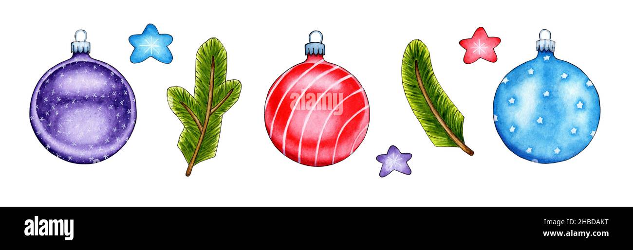 Watercolor painting set Christmas balls red, blue, purple. Holiday ...