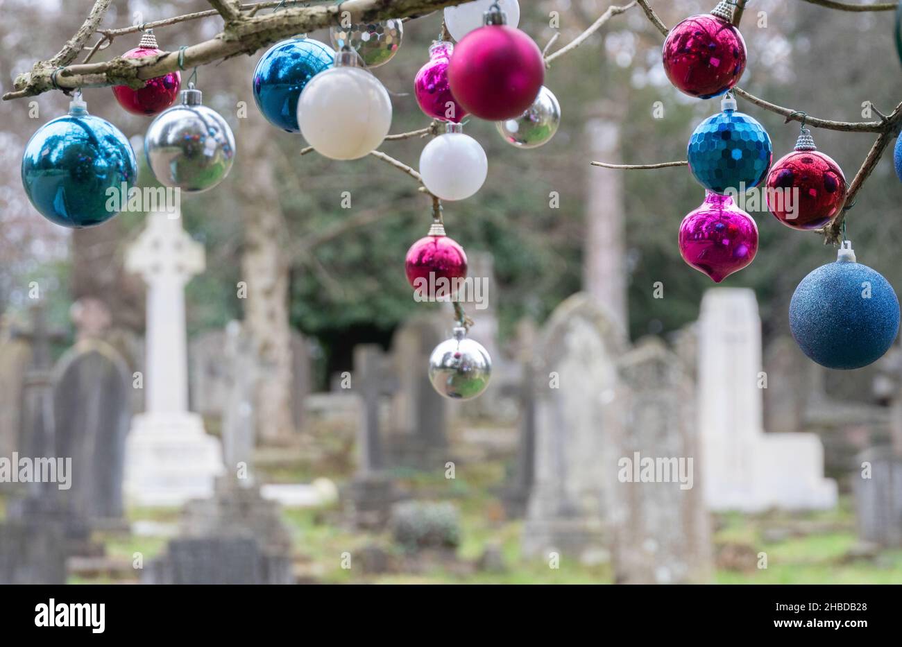 Christmas baubles in Southampton Old Cemetery Stock Photo - Alamy