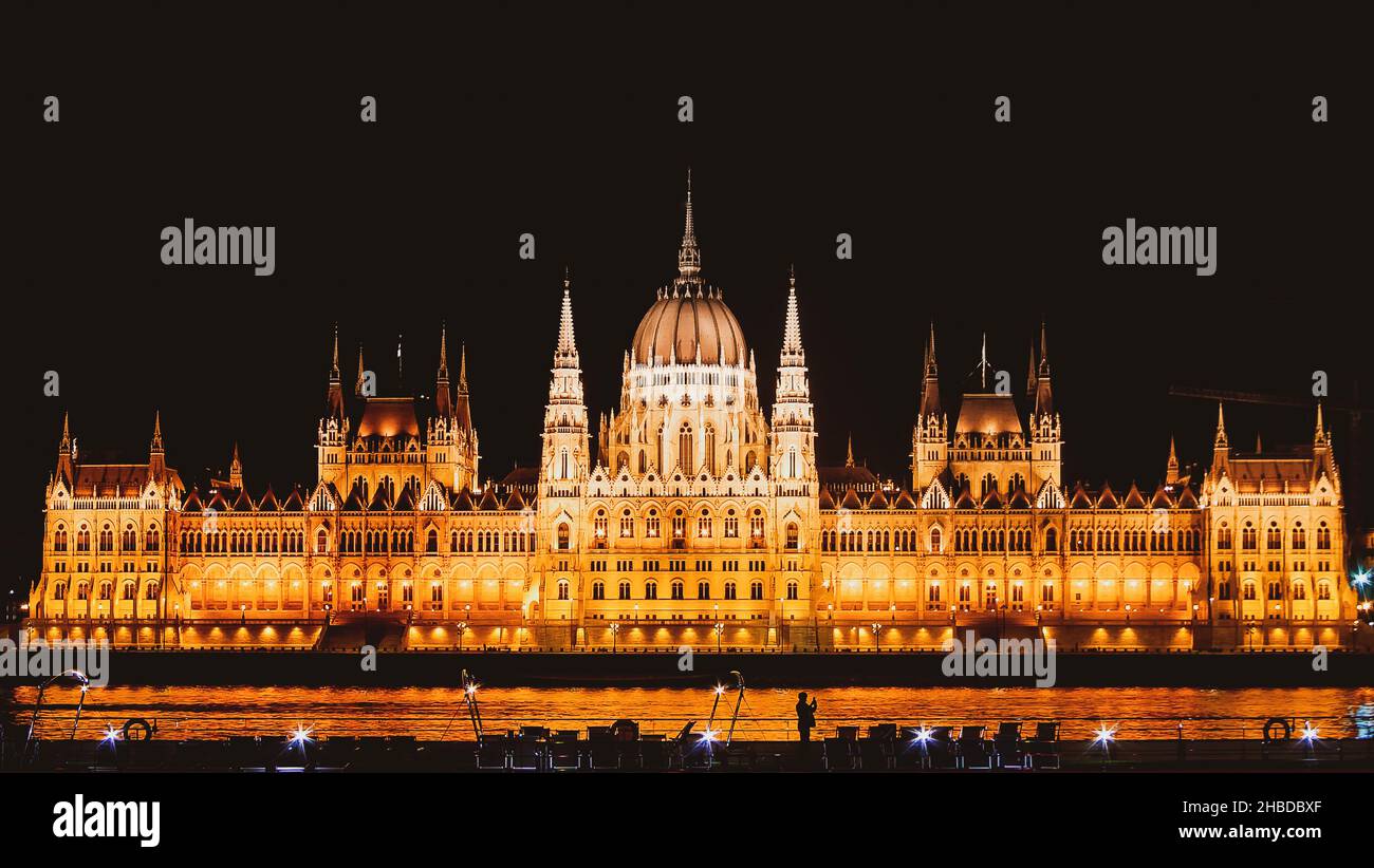Panoramic background orange night image of Budapest parlament from the ...