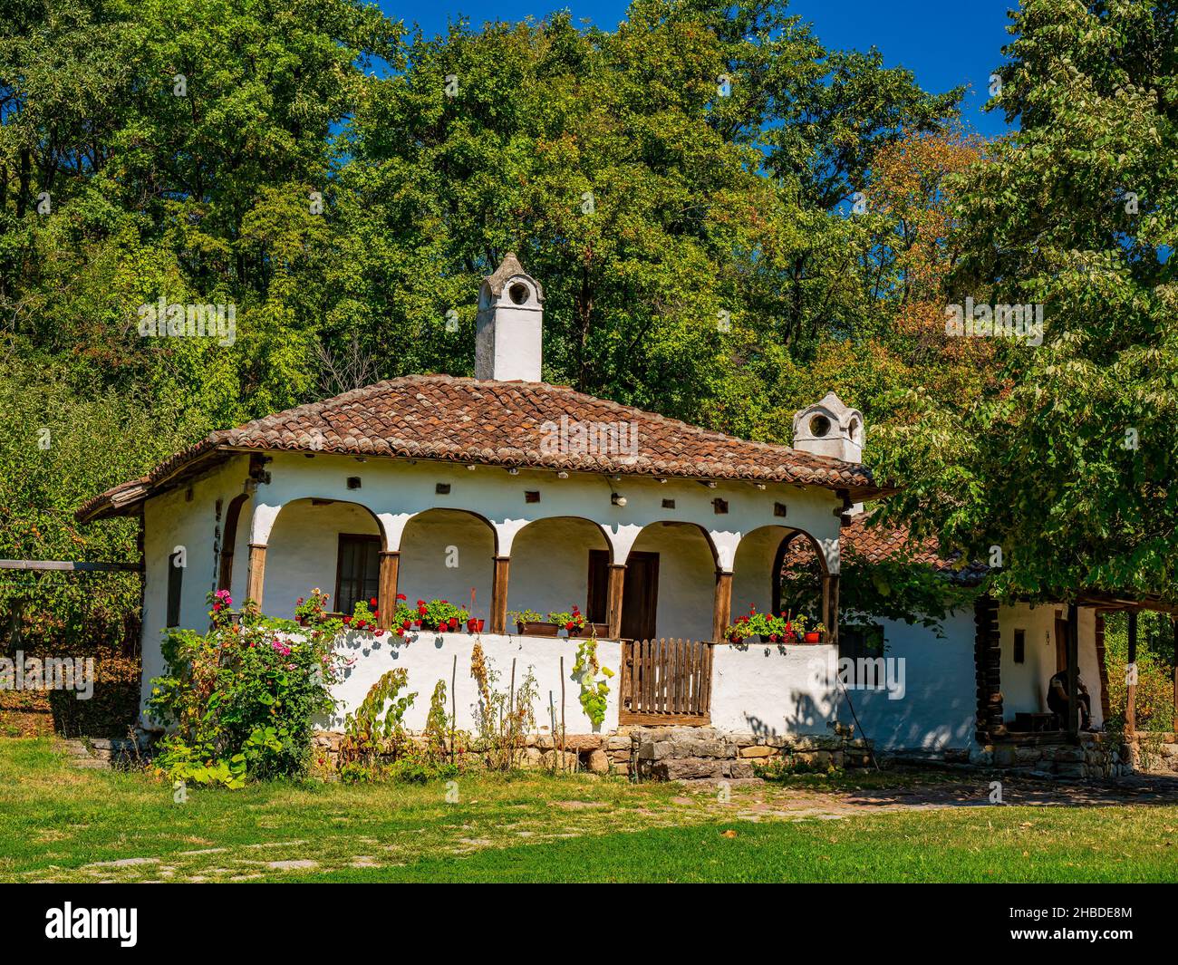 View at traditional 19th century Serbian house at Lepenski Vir, Serbia ...
