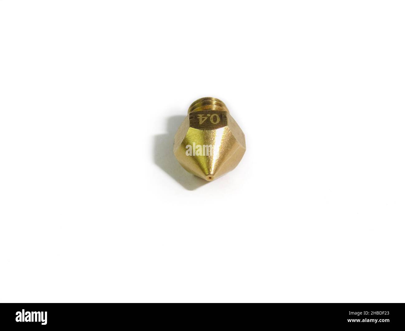 A close-up shot of a 3D printer metallic nozzle on a white background ...