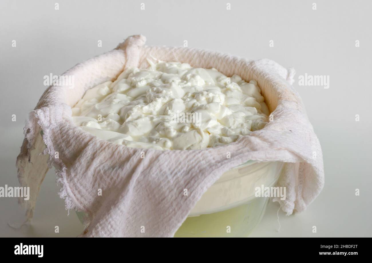 Mess of fermented cheese or cottage cheese or greek yogurt on waffle ...