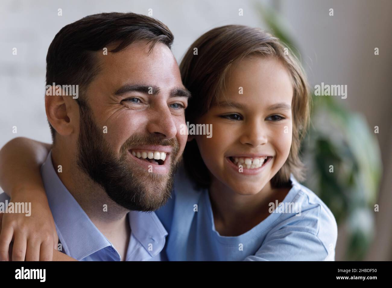 Happy young father and small kid boy looking in distance Stock Photo ...