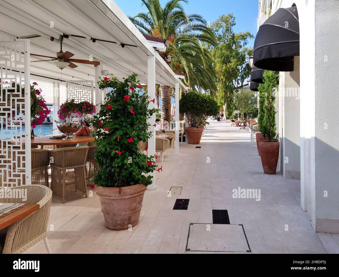 promenade street on seafront of Porto Montenegro, the famous port in ...