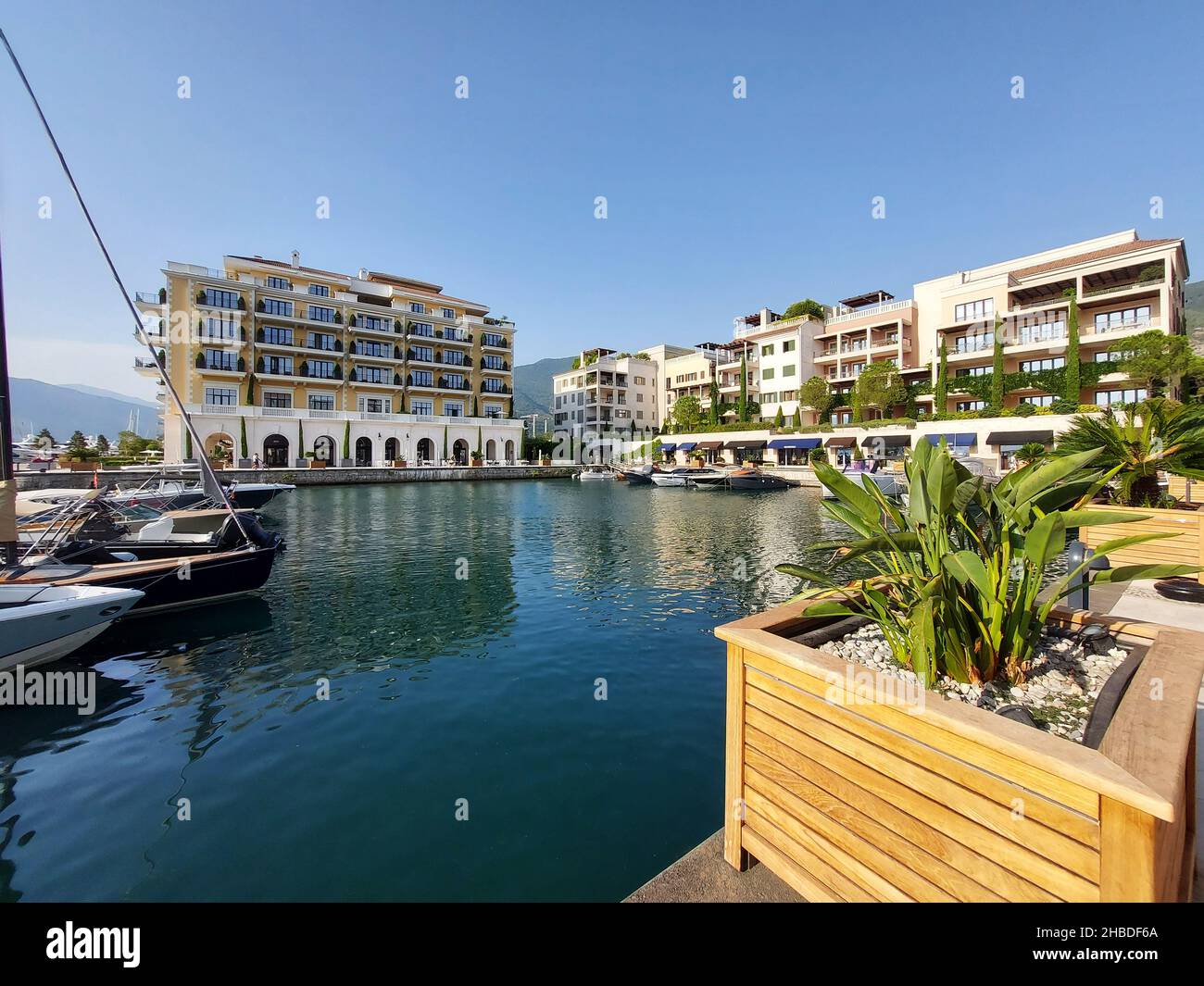 promenade street on seafront of Porto Montenegro, the famous port in ...