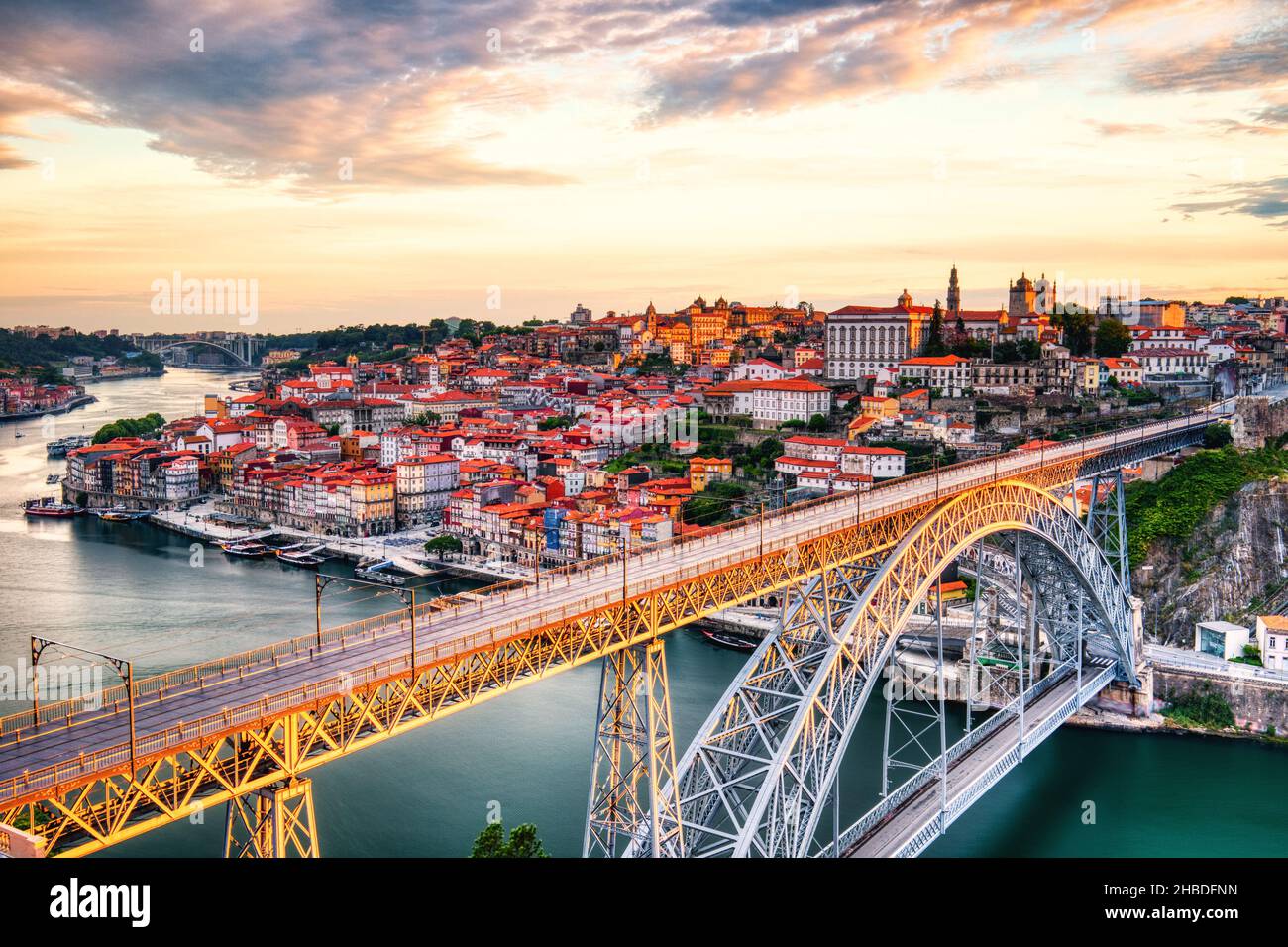 Porto Aerial Cityscape with Illuminated Luis I Bridge and Douro River ...