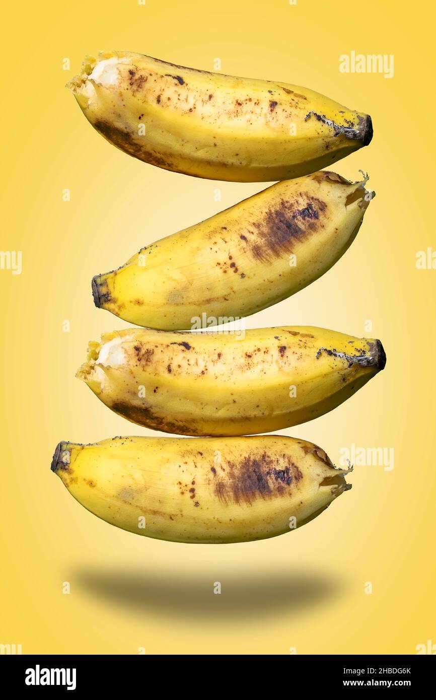 Fresh ripe bananas falling in the air isolated on white backgrounds ...