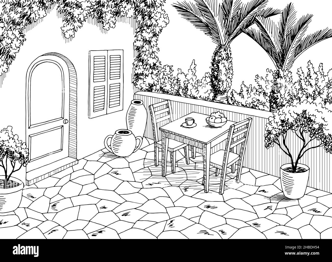 South yard graphic black white landscape sketch illustration vector ...