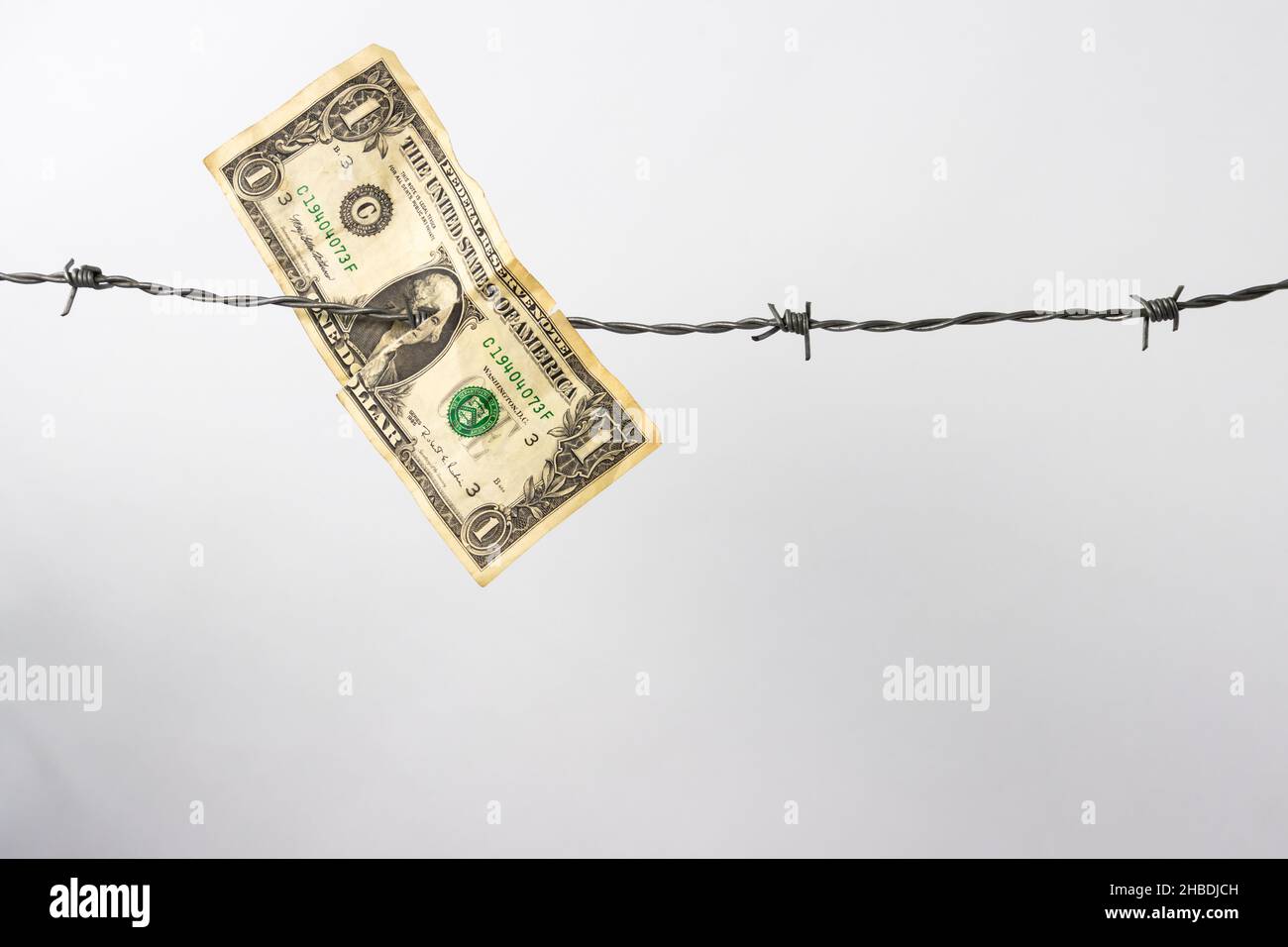One dollar bill hanging on barbed wire with white background and copy ...
