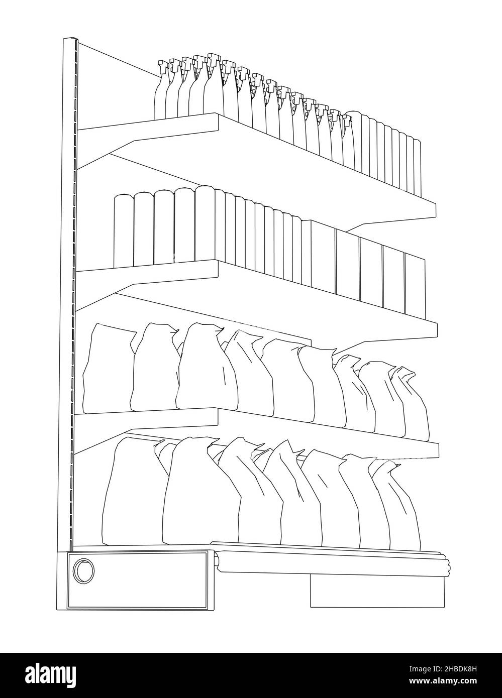 Outline of shop rack with goods from black lines isolated on white ...