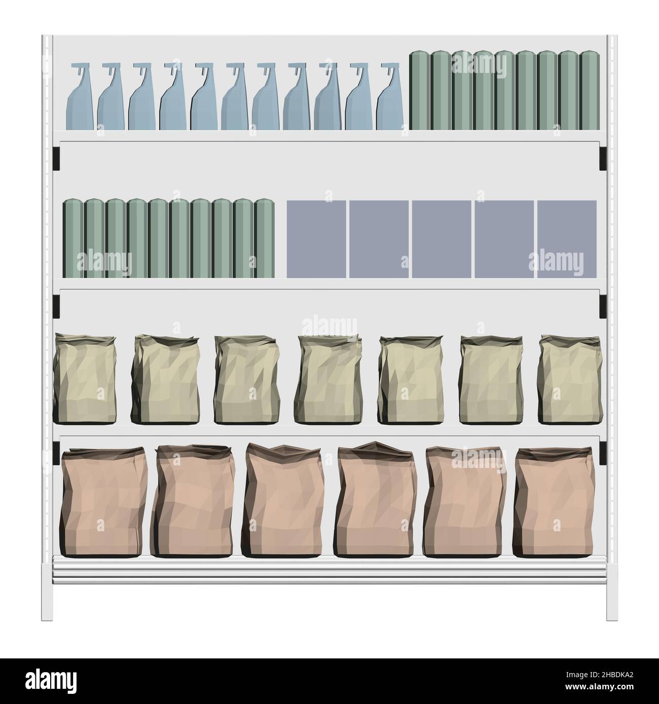 Shop rack with goods isolated on white background. Bags, packaging ...