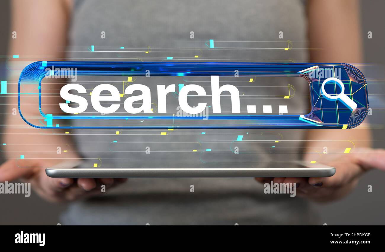 A 3D floating search interface above hands holding a tablet Stock Photo ...