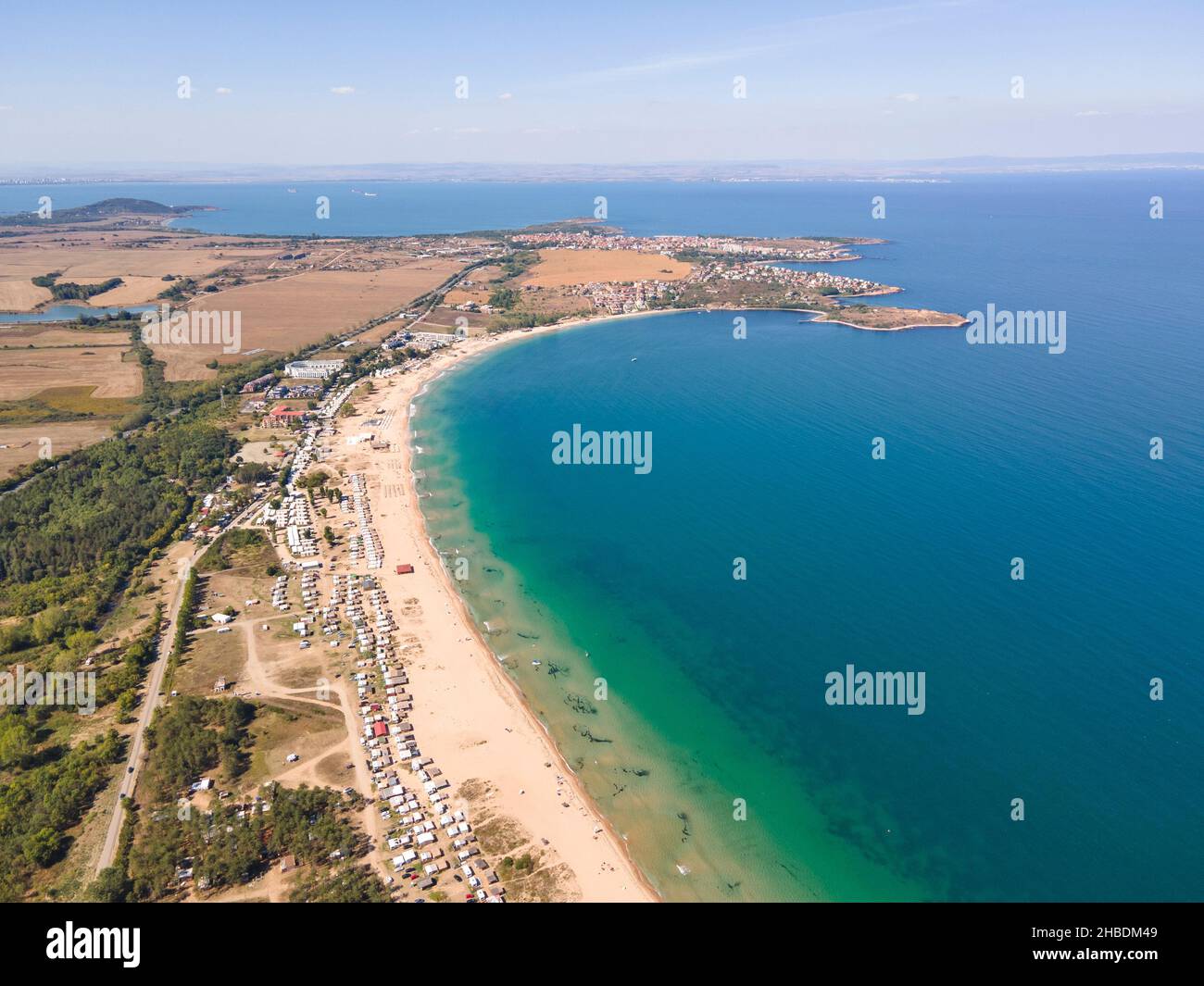 Aerial view of Gradina (Garden) Beach near town of Sozopol, Burgas ...