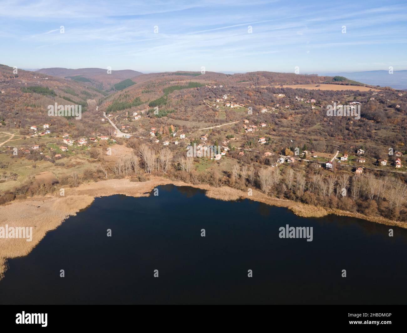 Aerial Autumn view of Choklyovo swamp at Konyavska Mountain, Kyustendil ...