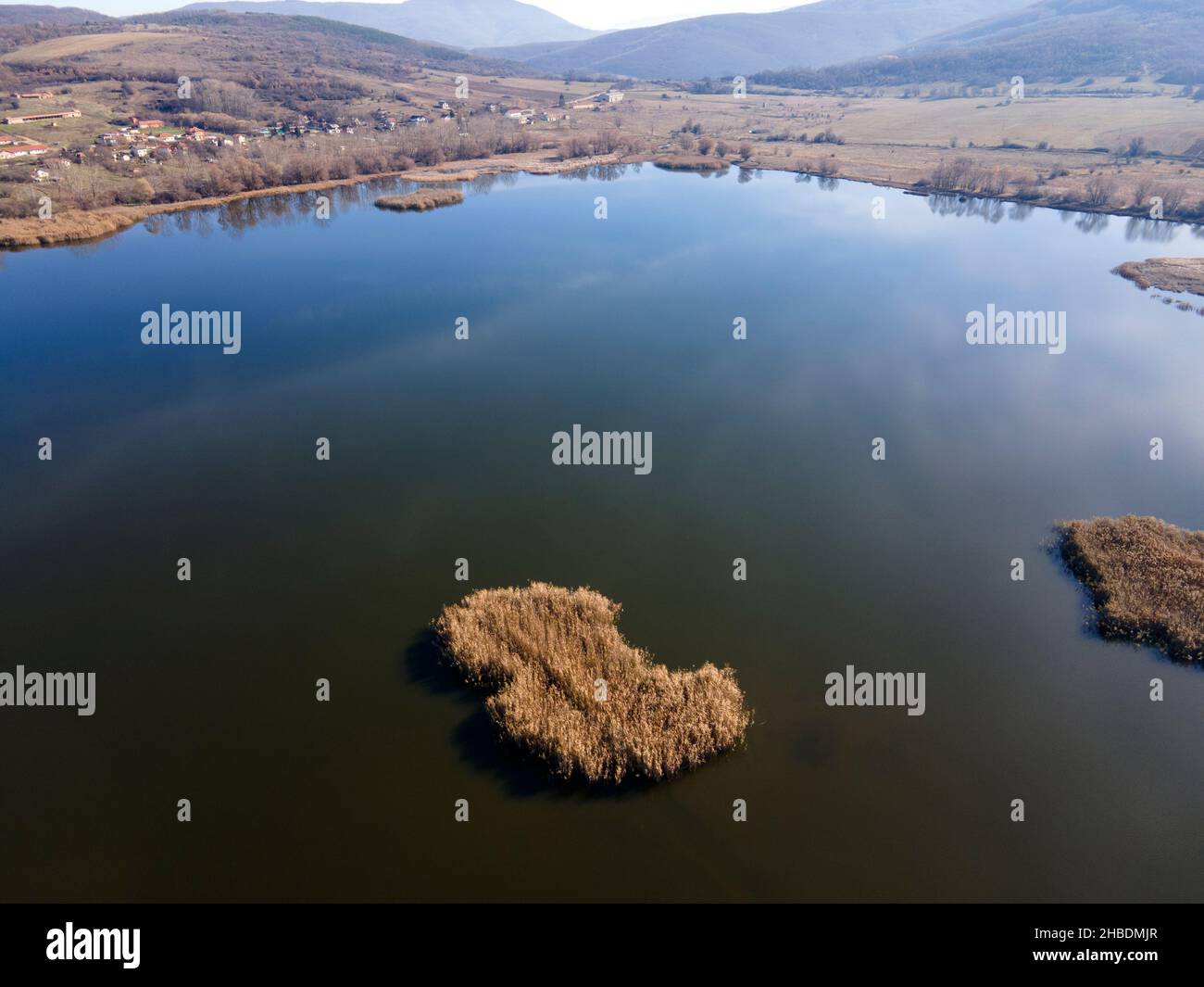 Aerial Autumn view of Choklyovo swamp at Konyavska Mountain, Kyustendil ...