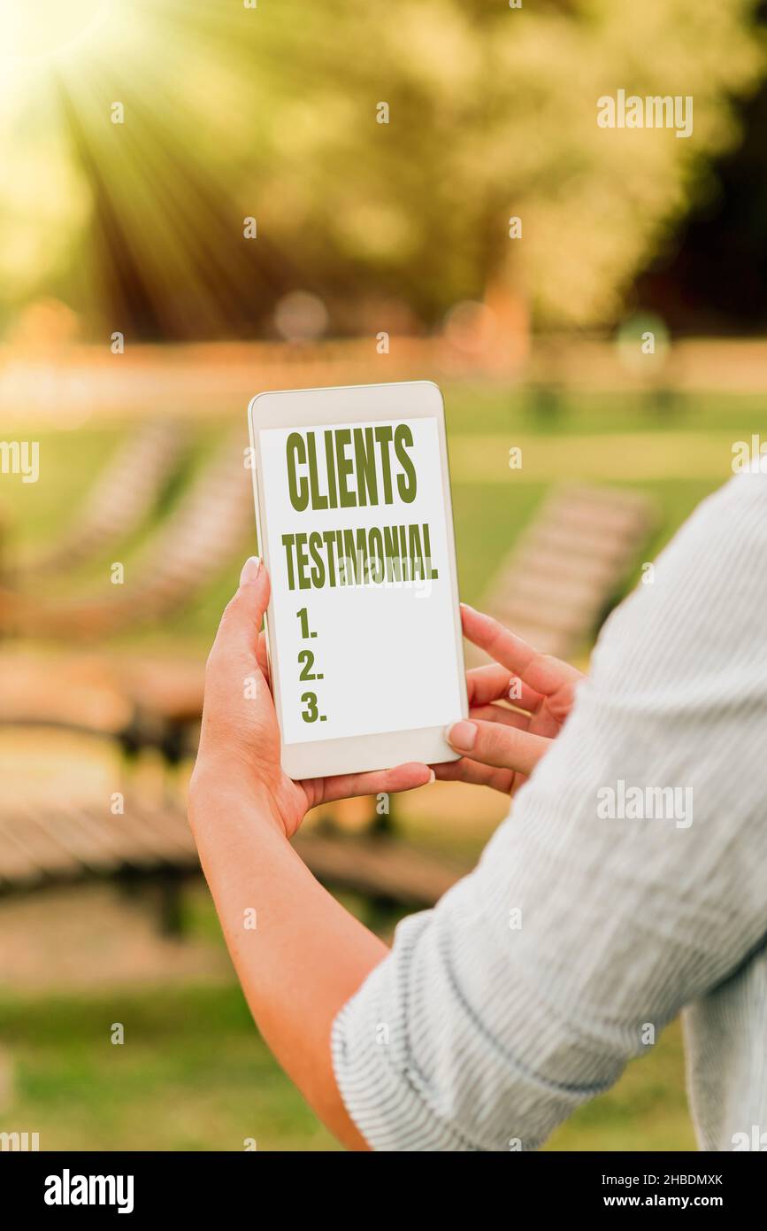 Sign displaying Clients Testimonial. Concept meaning Formal Statement ...