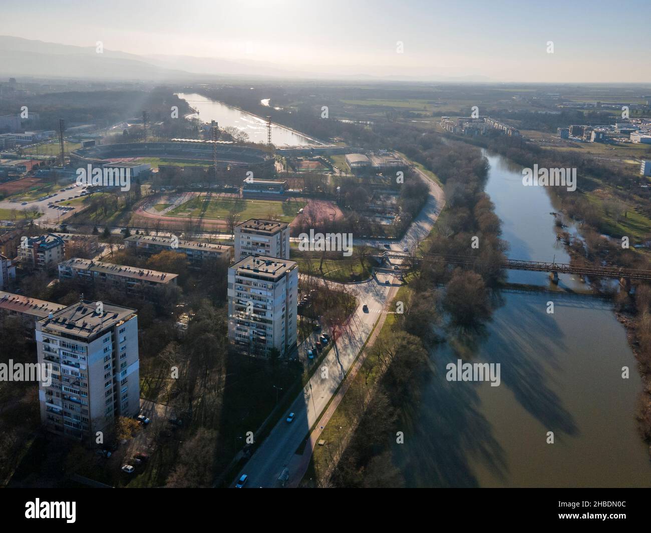 Amazing Aerial view of Maritsa river and panorama to City of Plovdiv ...